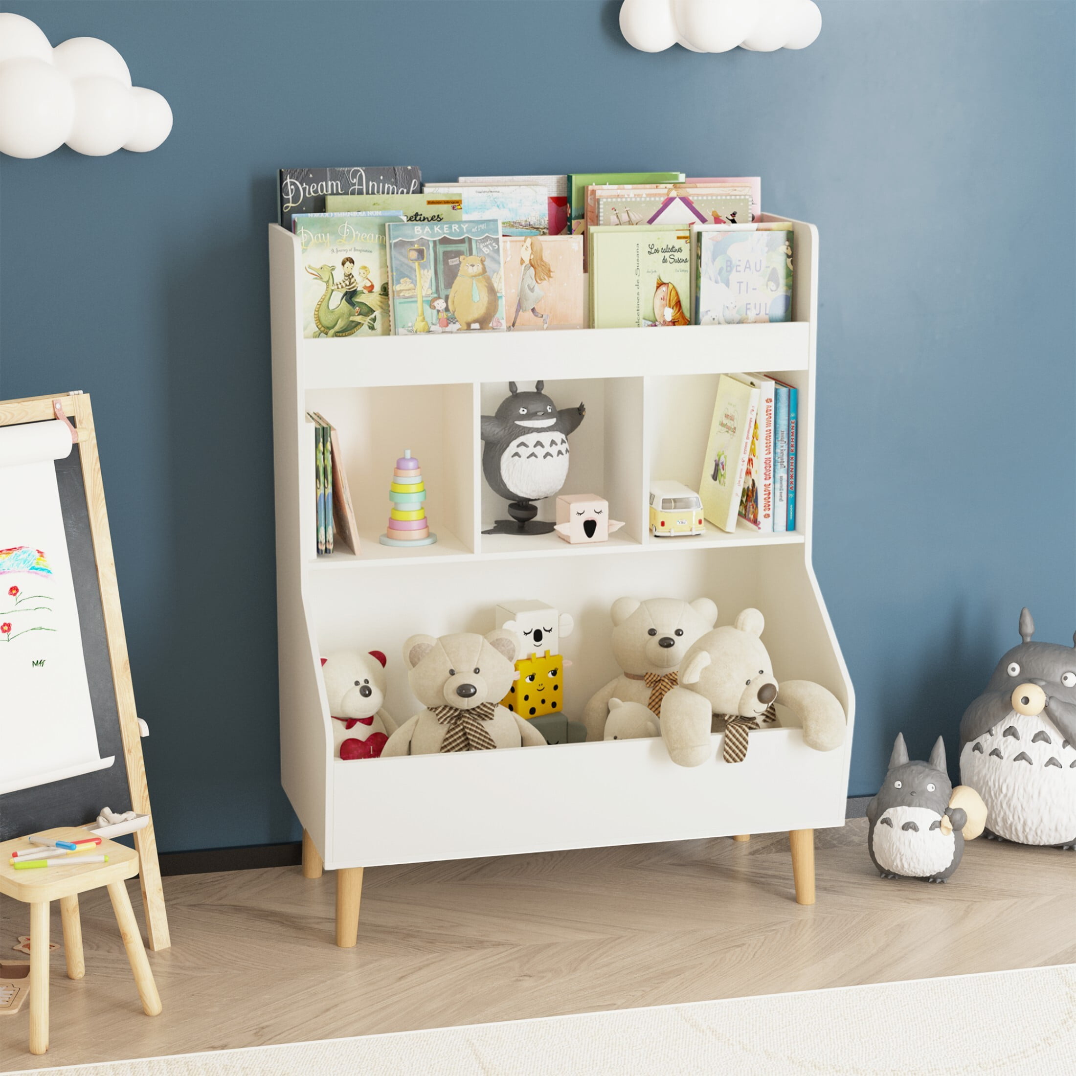 DEALTOPS Kids Bookshelf with Toy Storage, 3-Tier Wooden Children ...