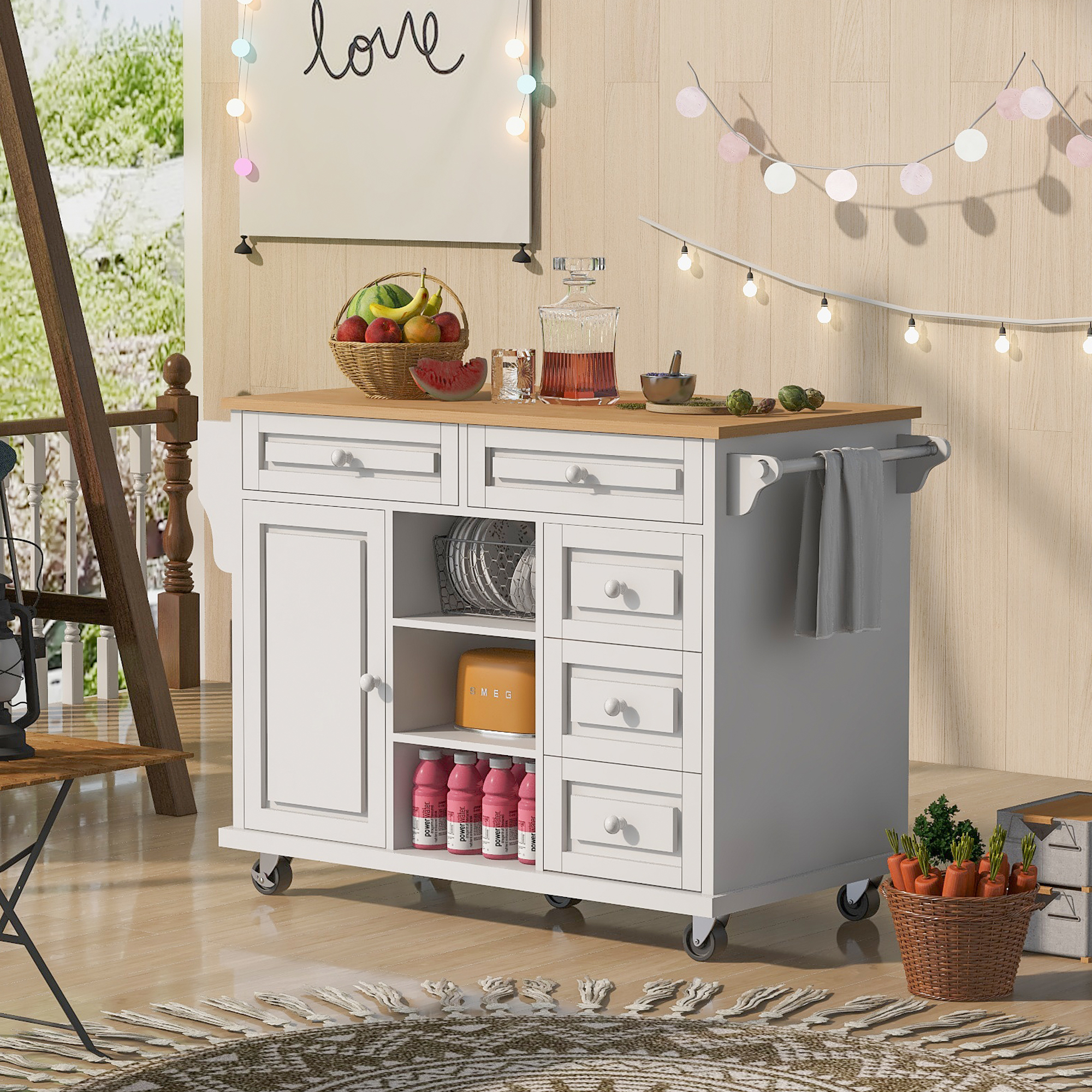 DEALTOPS Kitchen cart with Rubber wood desktop rolling mobile kitchen ...