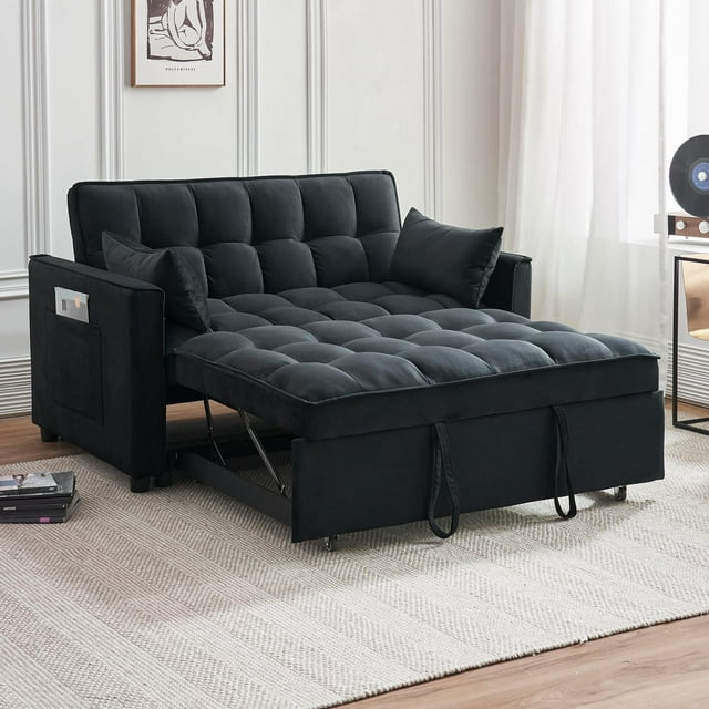 DEALTOPS Loveseat Sleeper Sofa Bed, Pull-Out Couch - Full Size Black ...