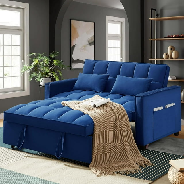 DEALTOPS Loveseat Sleeper Sofa Bed, Pull-Out Couch - Full Size Blue ...