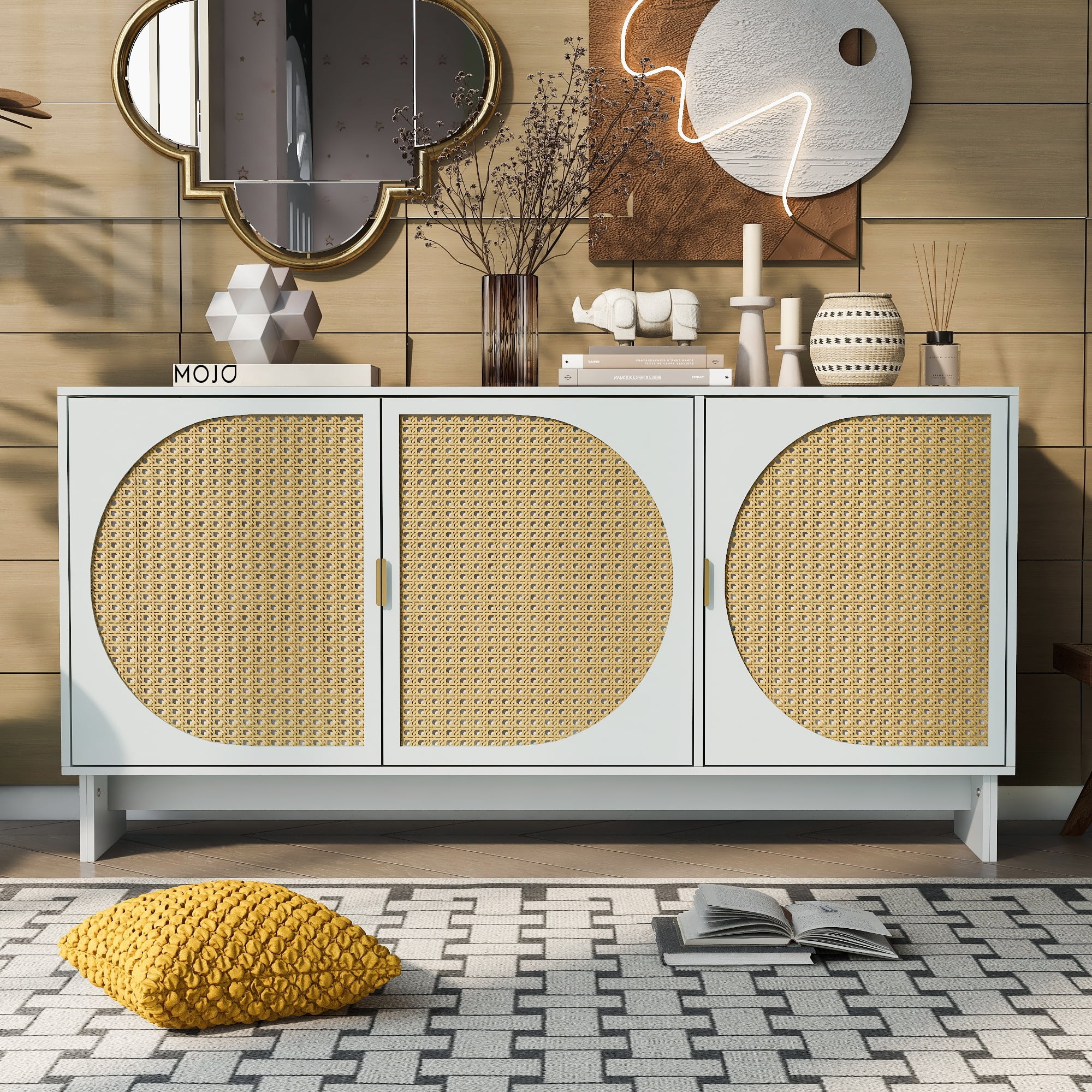 DEALTOPS Minimalist Storage Cabinet with Rattan Doors and Adjustable ...