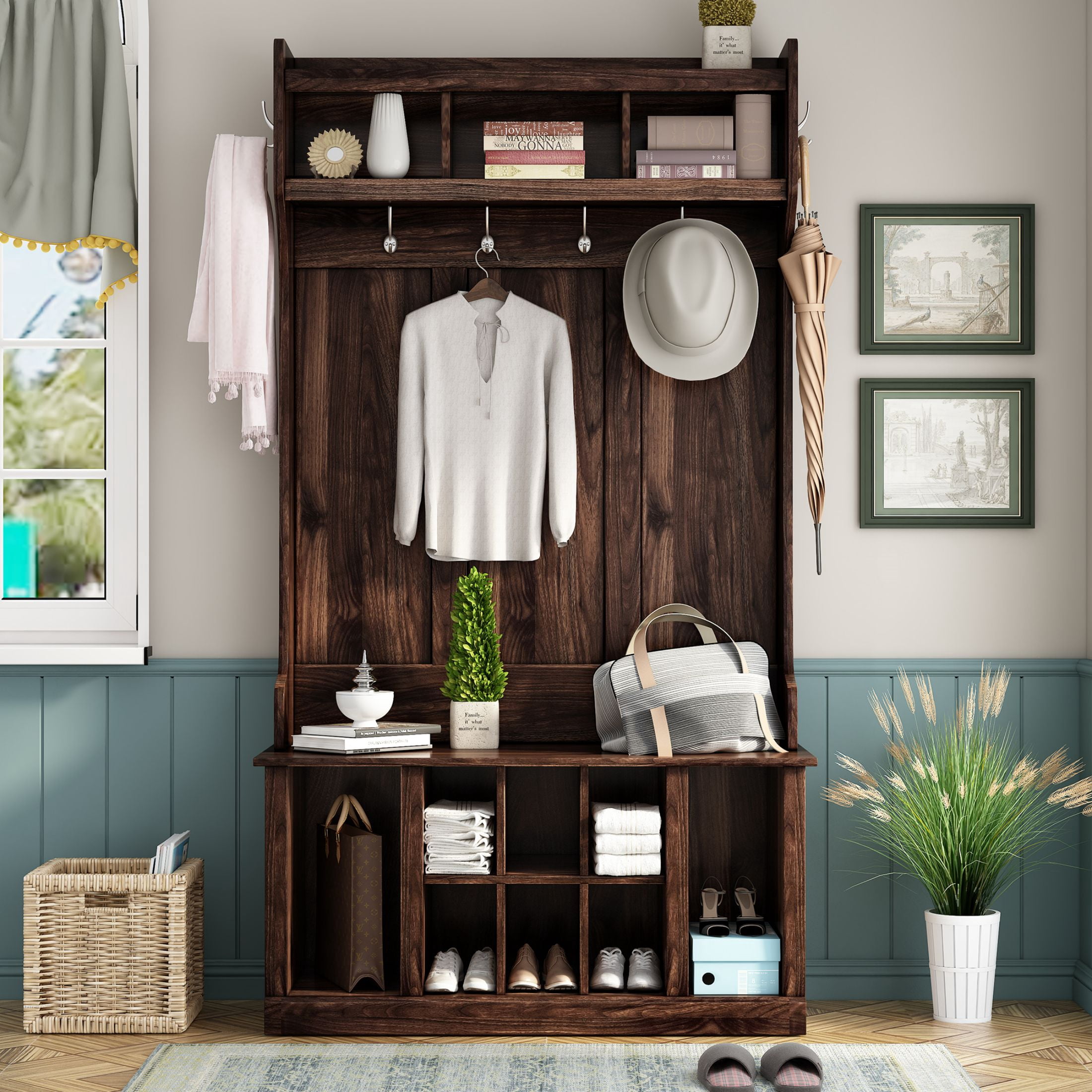 DEALTOPS Modern Hall Tree with Soft Bench and Movable Storage Boxes ...