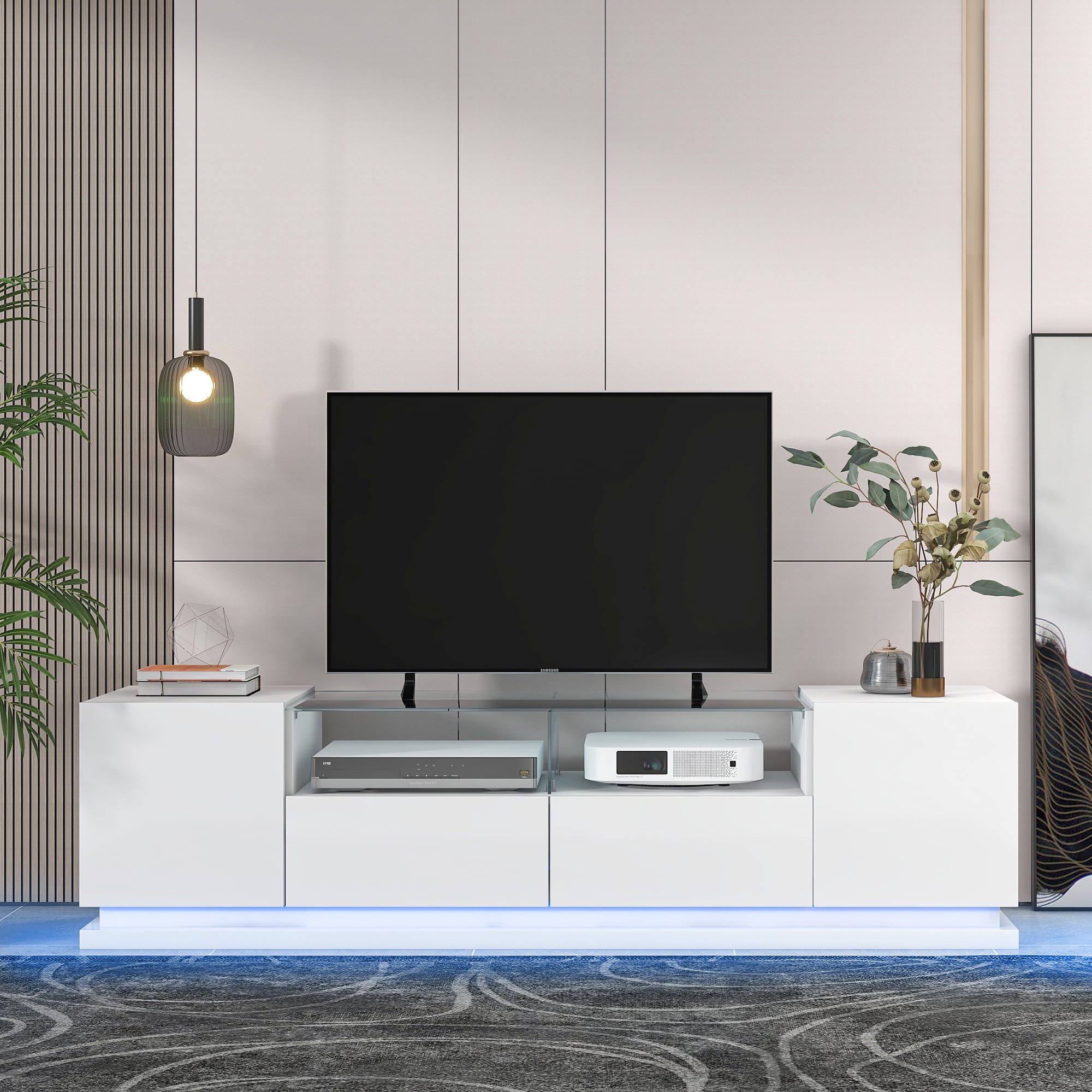 DEALTOPS Modern High Gloss TV Stand with Tempered Glass Shelf and 16 ...