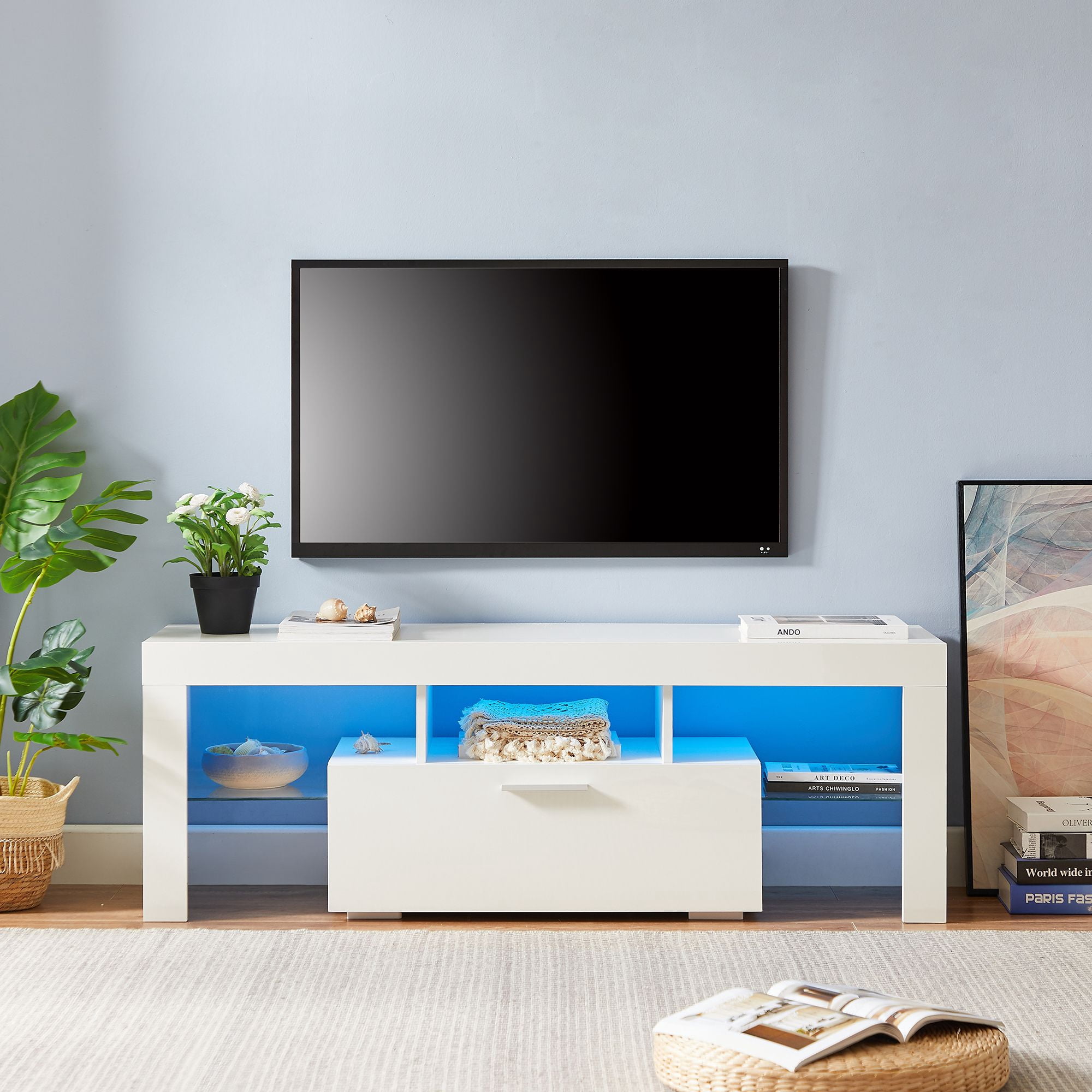 Modern TV Stand with 16-Color LED Lights White TV Console - Walmart.com