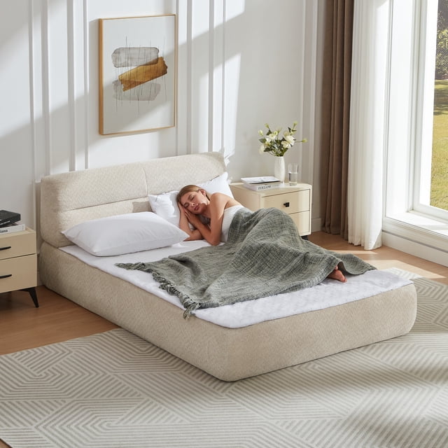DEALTOPS Modern Upholstered Chenille Bed, Compressed Platform Bed with ...