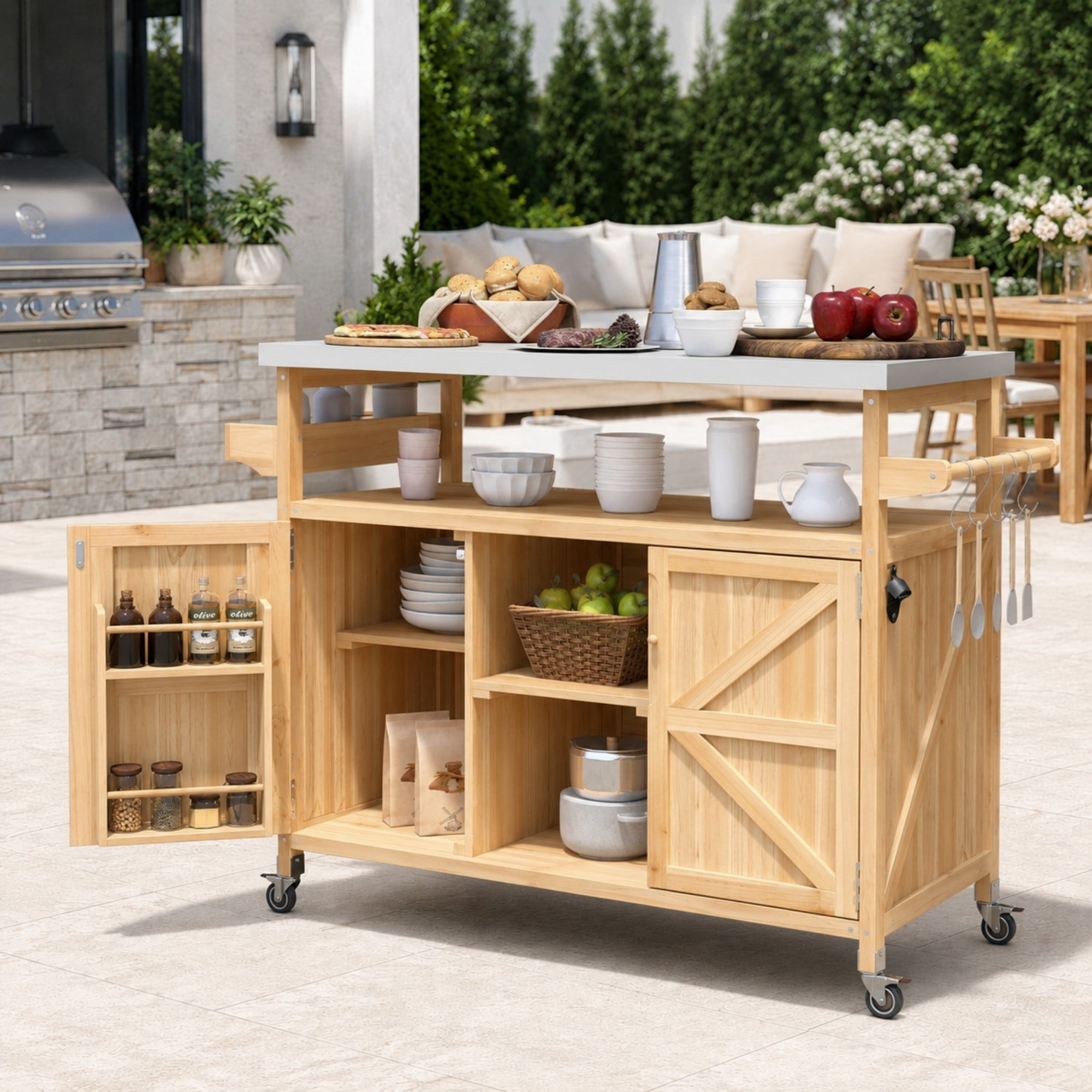 DEALTOPS Outdoor Kitchen Island Rolling Bar Cart, Wood BBQ Grill Prep ...
