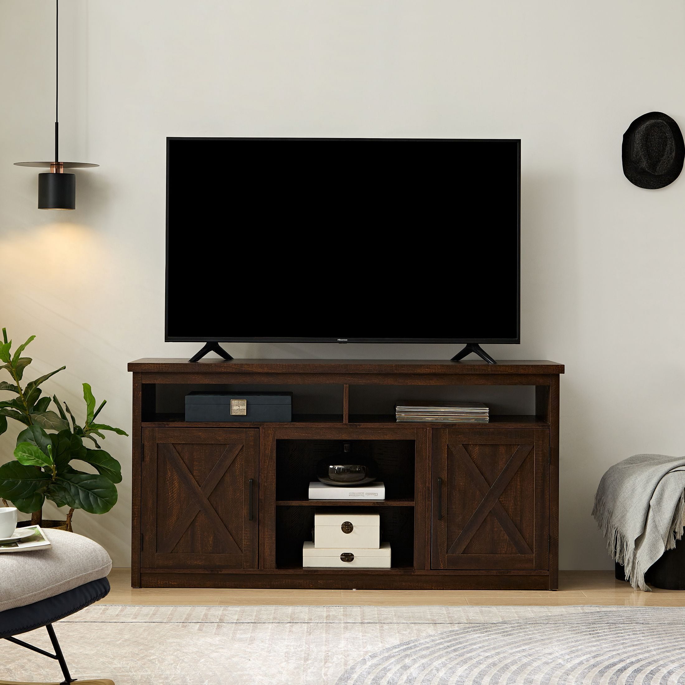 DEALTOPS Retro Farmhouse TV Stand with Barn Doors and Ample Storage for ...