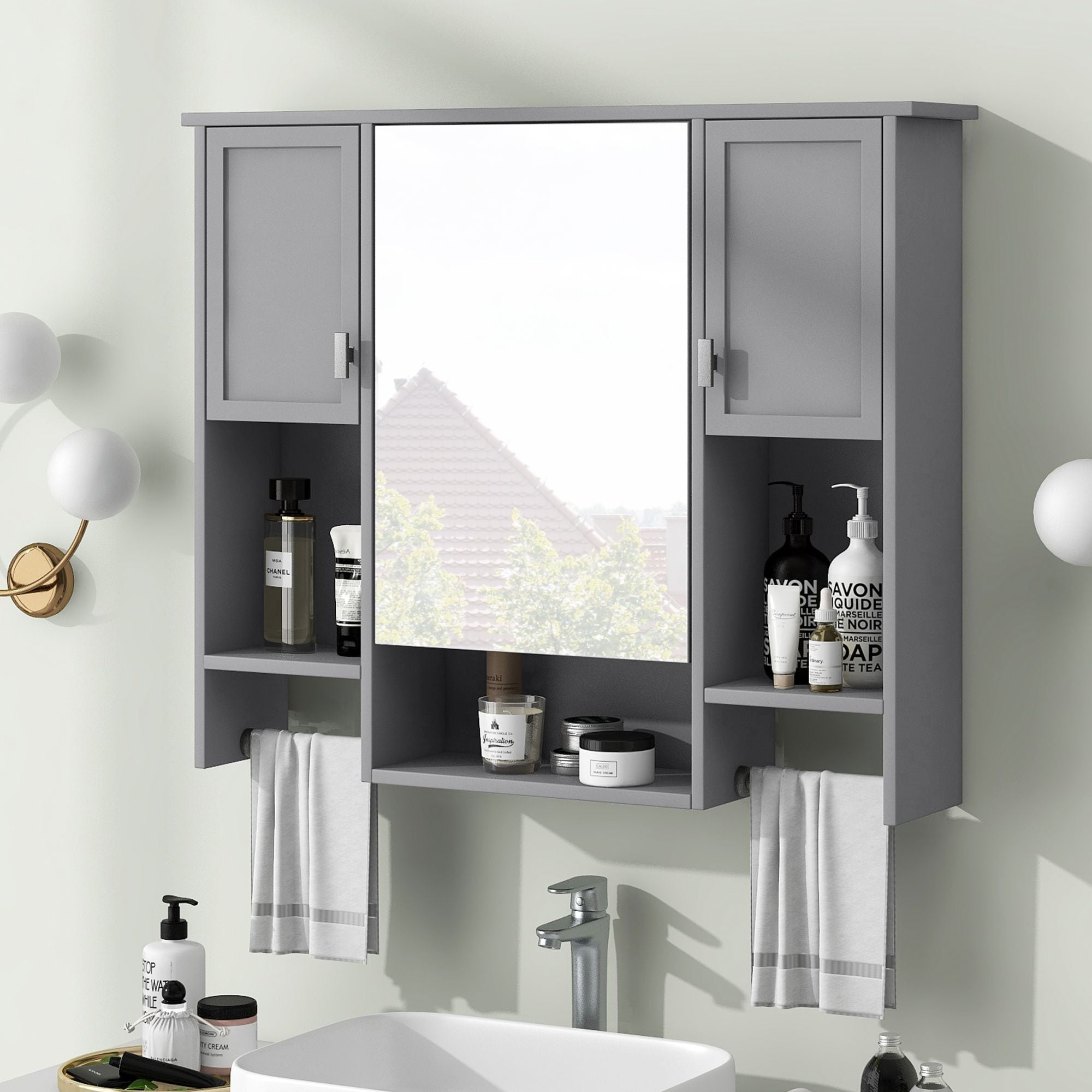 DEALTOPS Stylish Wall Mounted Bathroom Mirror Cabinet with Open Shelves ...