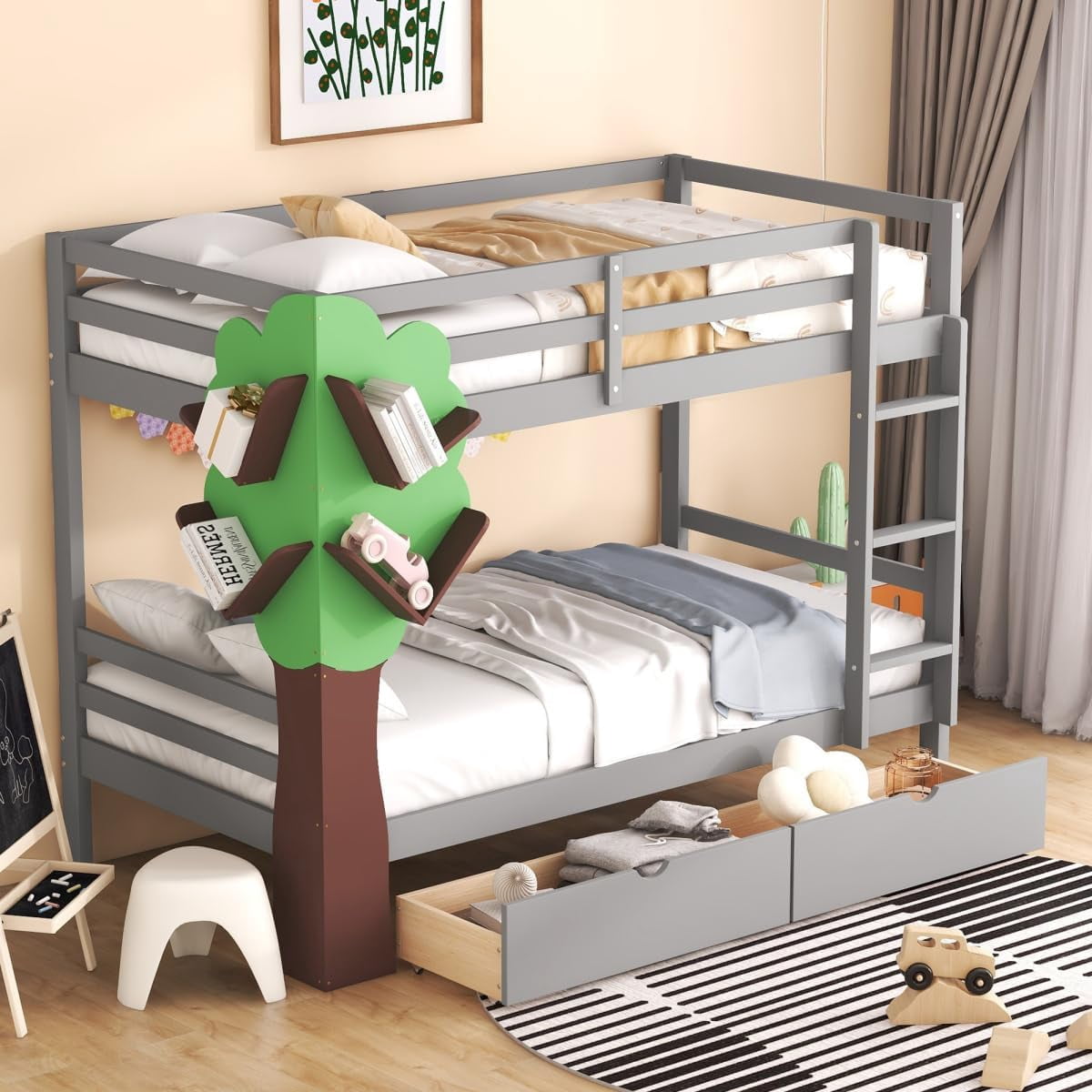 DEALTOPS Twin-Over-Twin Bunk Bed with a Tree Decor and Two Storage ...