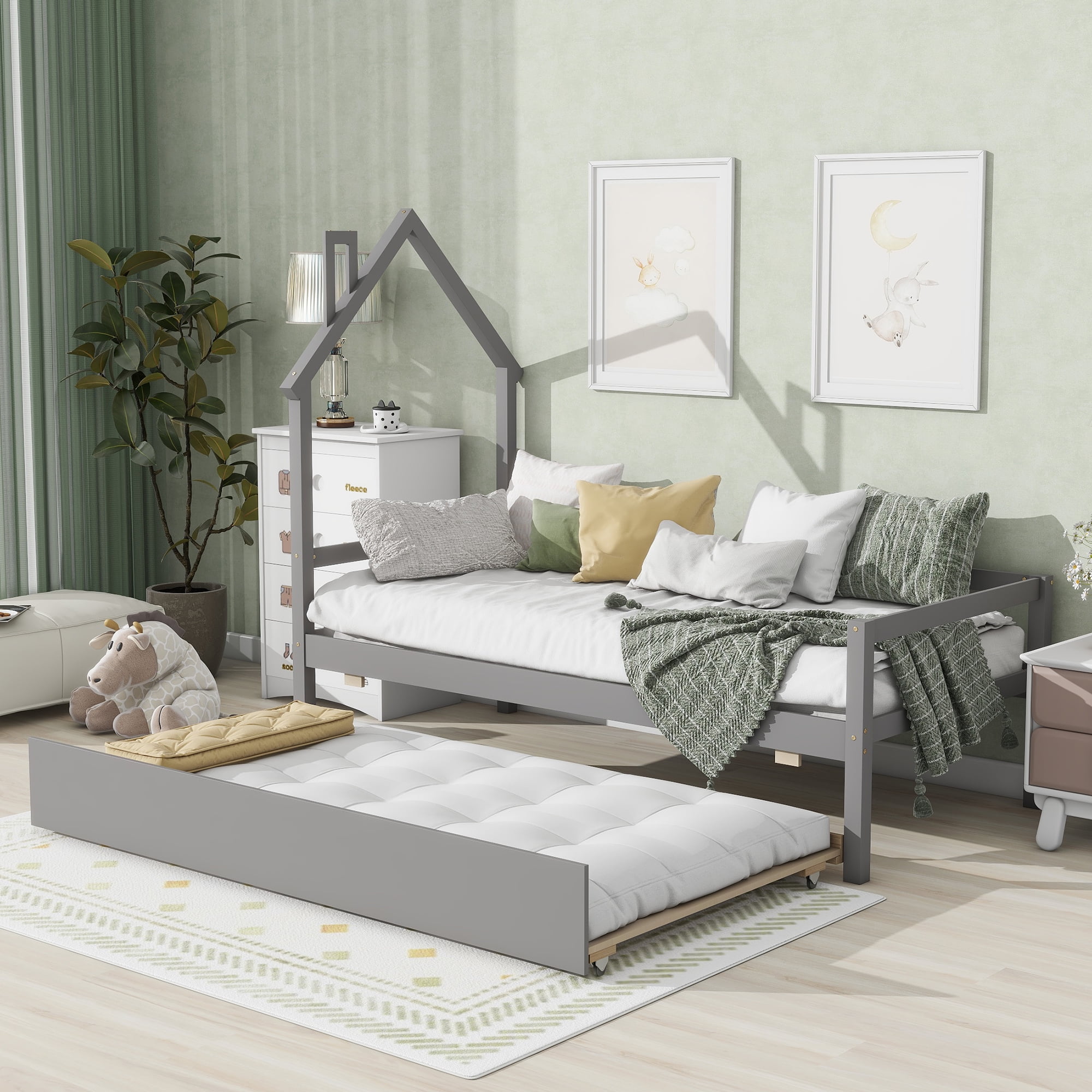 DEALTOPS Twin Size Daybed with Trundle, House-Shaped Headboard Bed with ...