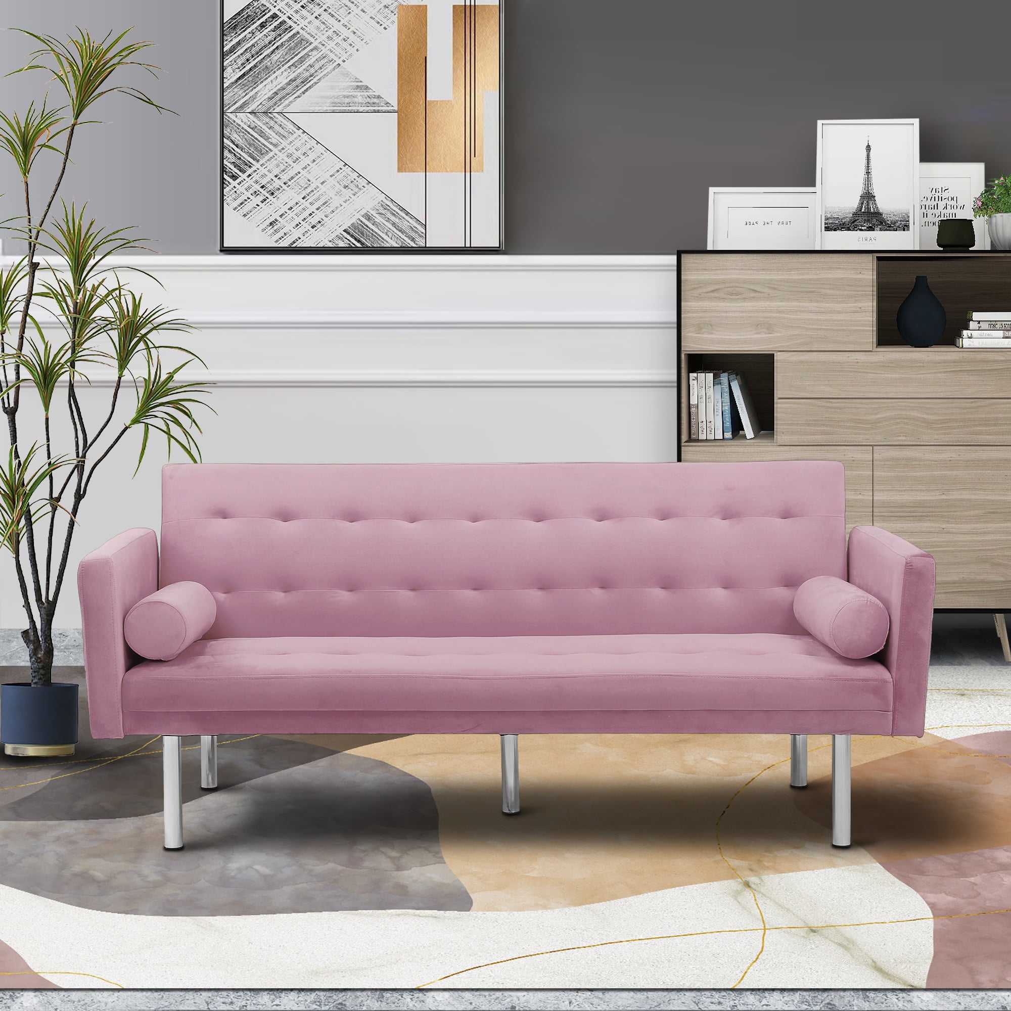 Free Shipping! DEALTOPS Velvet Convertible Sofa Bed Pink Tufted Back ...