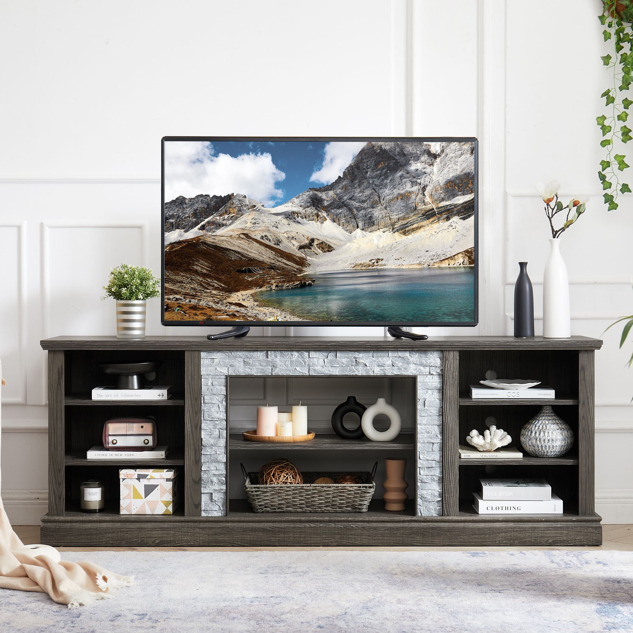 DEALTOPS Vintage TV Stand with Faux Stacked Stone Decor and Open ...