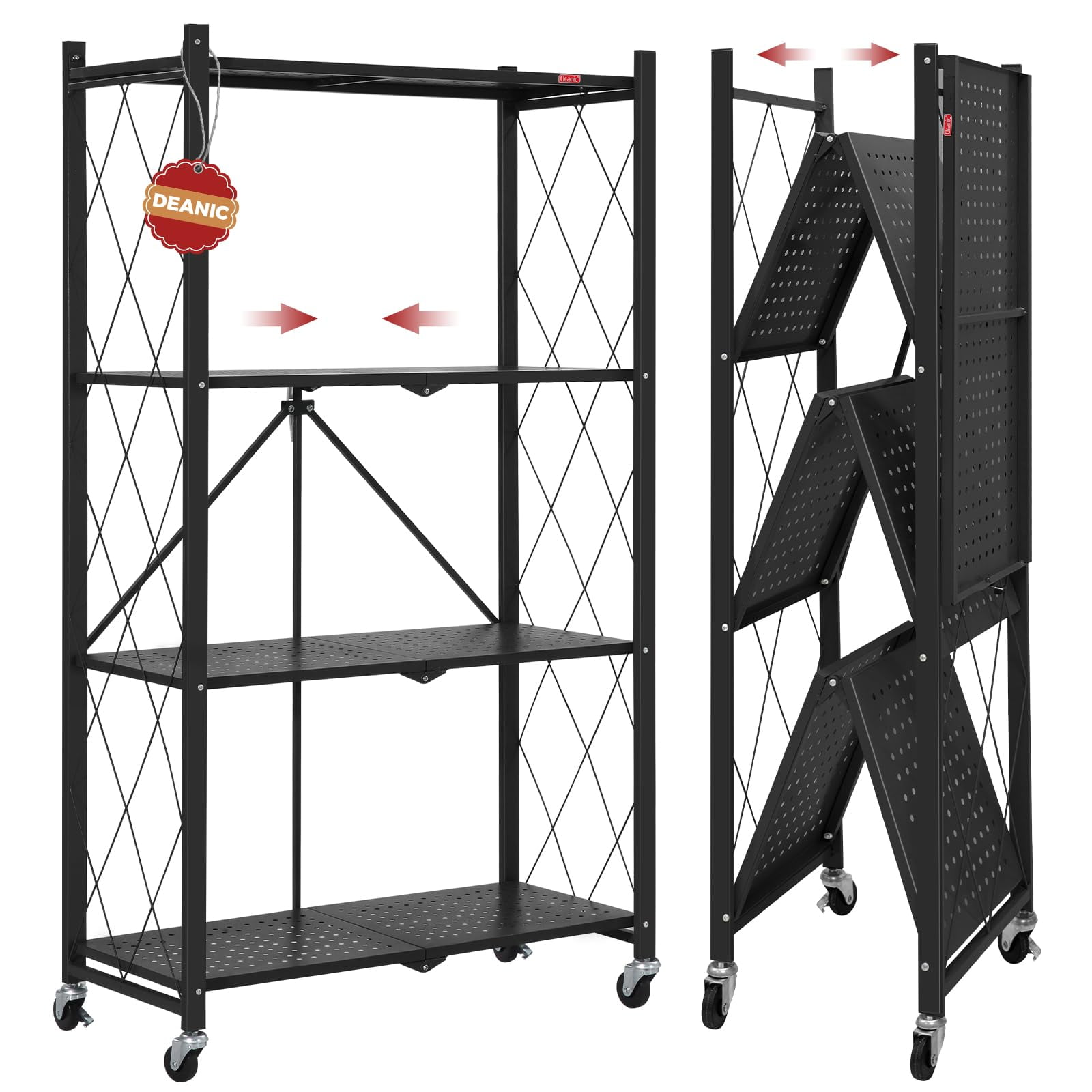 DEANIC 4 Tier Foldable Storage Shelves with Wheels, Large Capacity ...