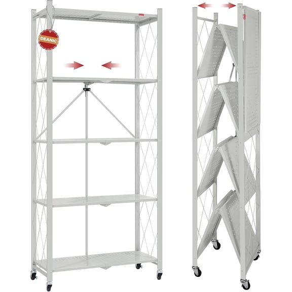 4 Tier Foldable Storage Shelves with Wheels Large Capacity Shelving ...