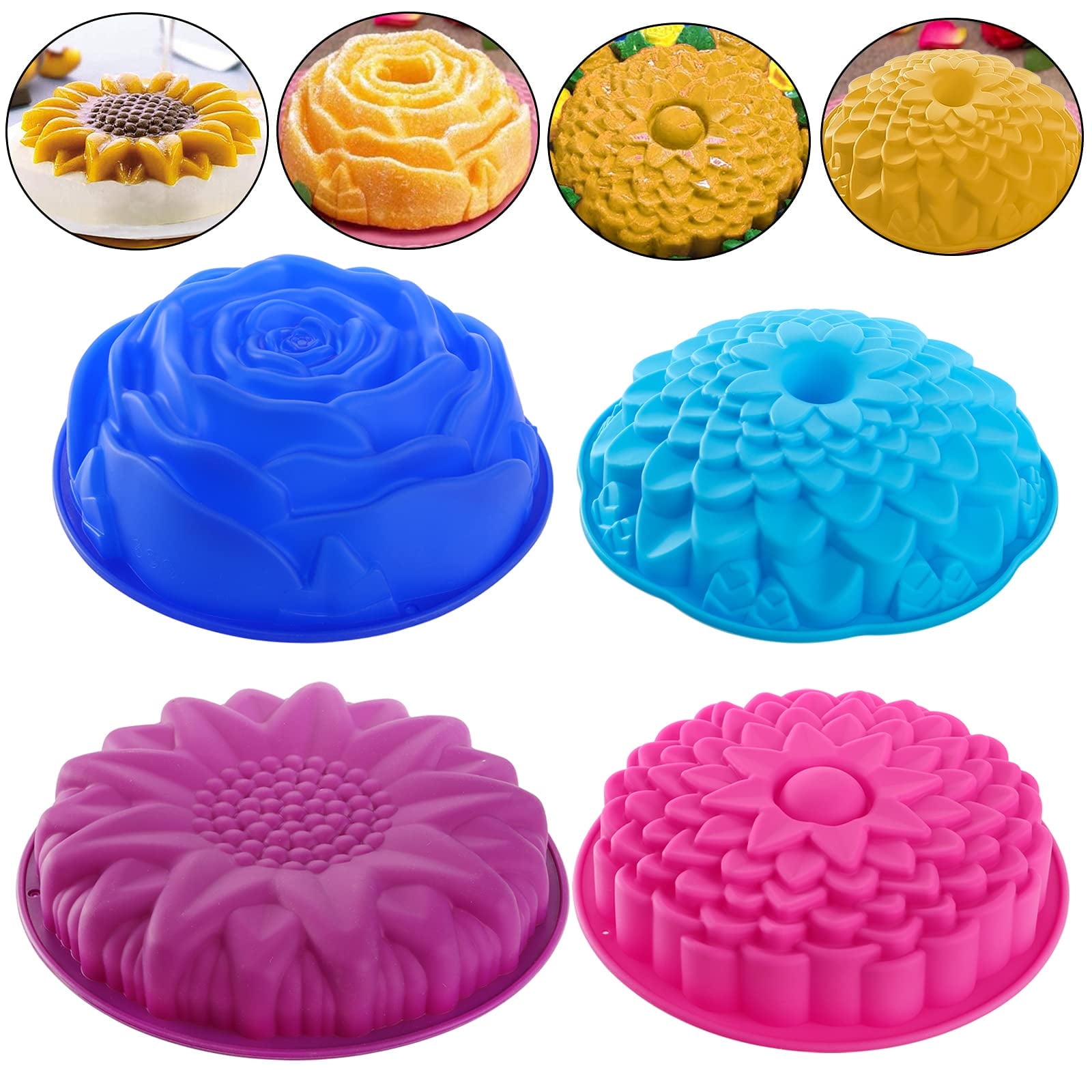 4 Pack Flower Silicone Cake Molds, Pie Flan Tart Baking Pan, Silicone ...