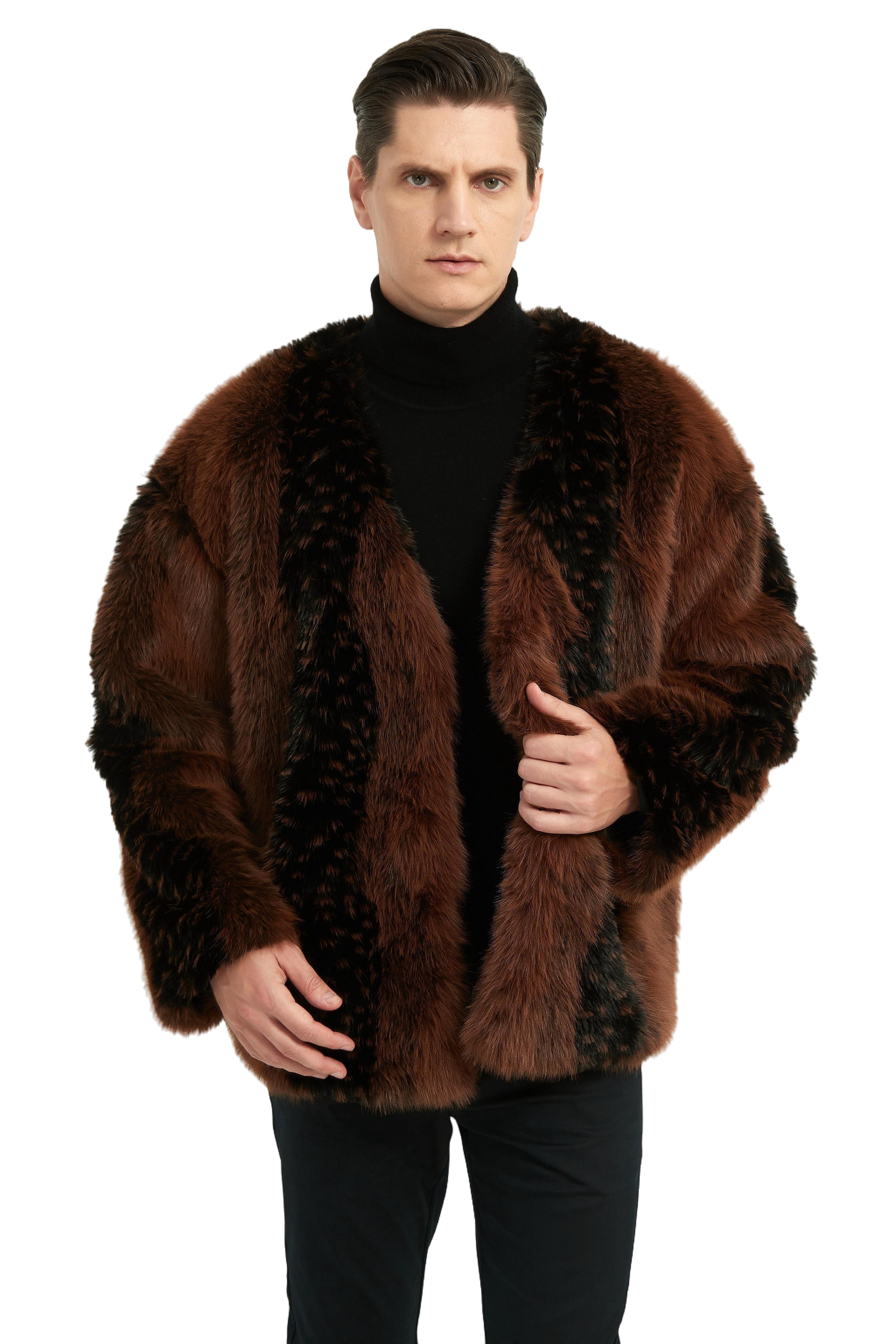 DEBIMY Men Luxury Faux Fox Fur Coat V-neck Open Front Jacket Long ...