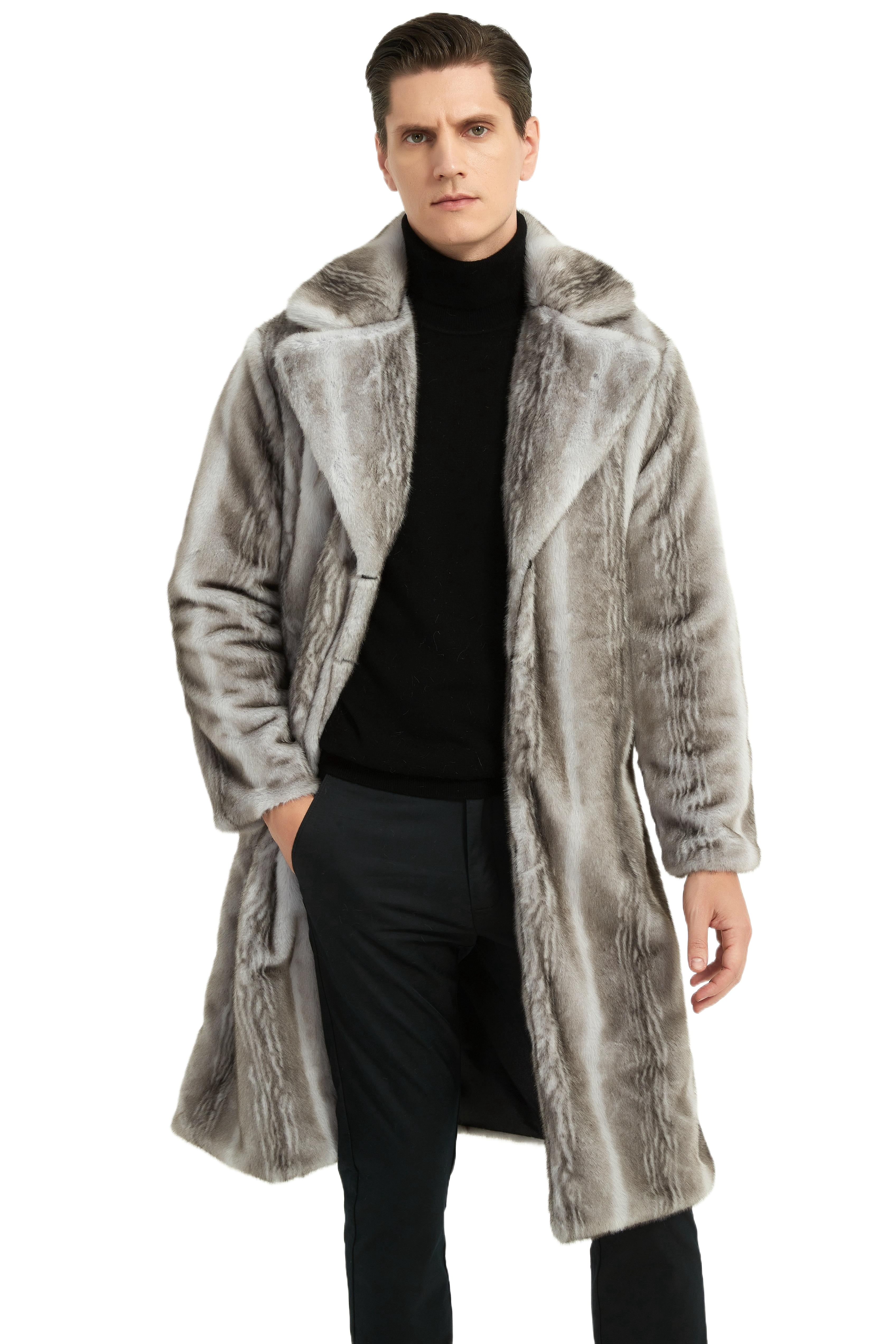 DEBIMY Men Winter Sable Tiger Stripe Faux Fur Coat Lapel Shawl Knee ...
