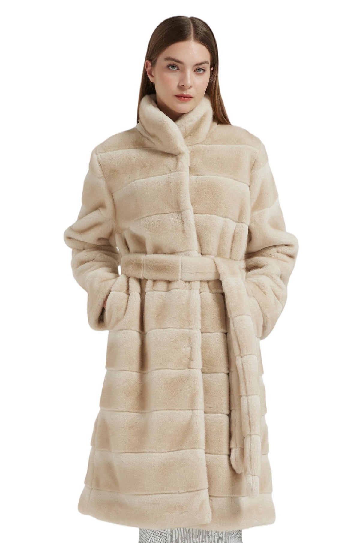 DEBIMY Women Fluffy Faux Mink Fur Coat with Detachable Belt High Neck ...