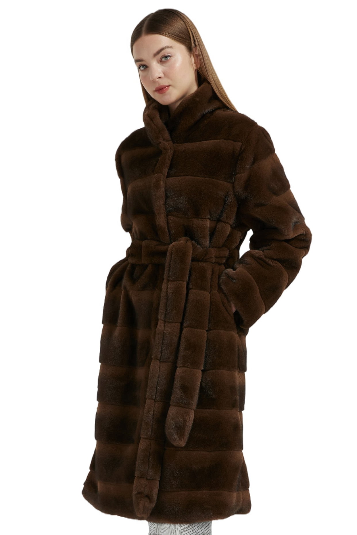 DEBIMY Women Fluffy Faux Mink Fur Coat with Detachable Belt High Neck ...
