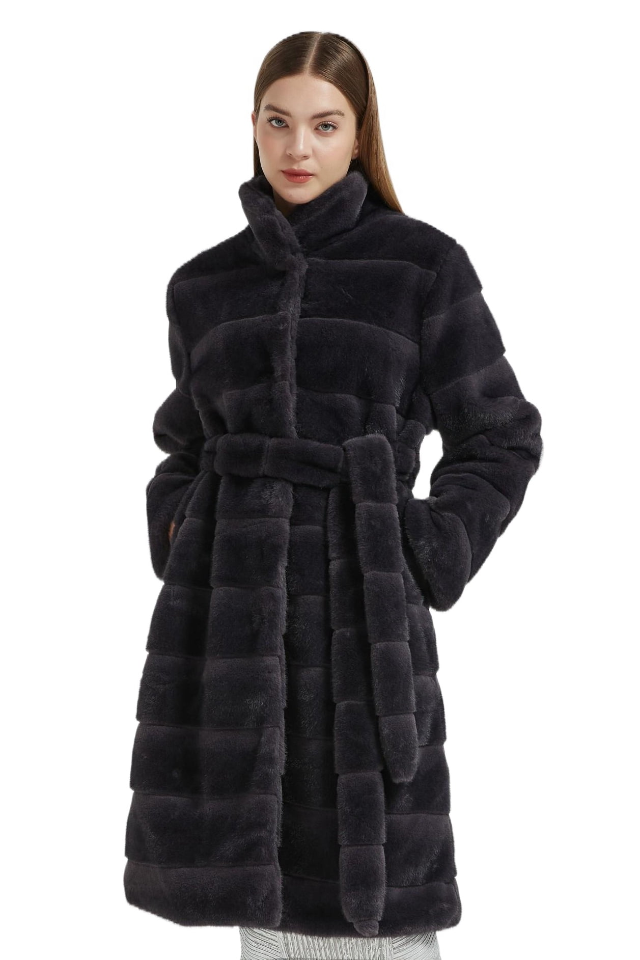 DEBIMY Women Fluffy Faux Mink Fur Coat with Detachable Belt High Neck ...