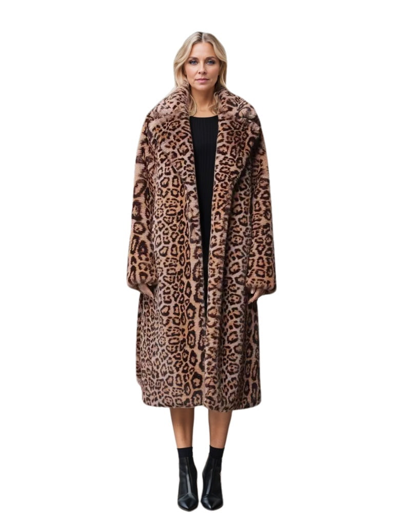 DEBIMY Women Leopard Faux Fur Long Overcoat with Belt Winter Warm Shawl Collar Garment for ...