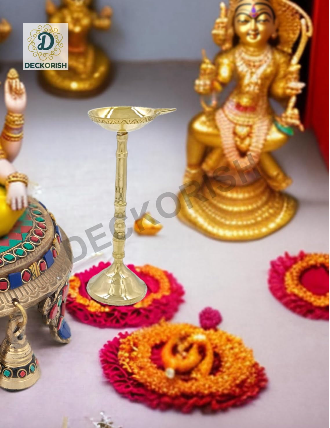 DECKORISH Brass Golden Traditional Stand Diya 34 cm Handcrafted Home ...