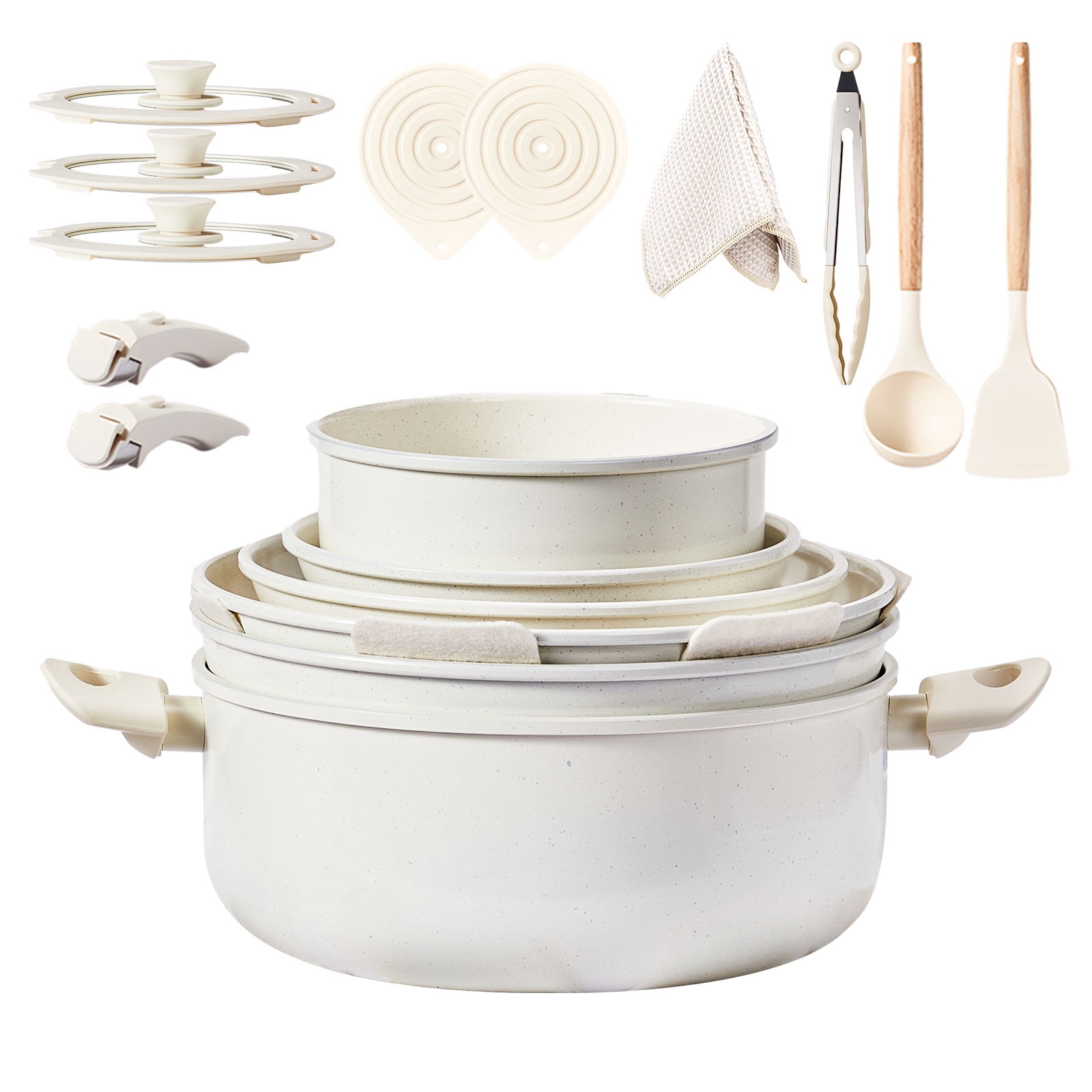 DECMAY 22-Piece Cream White Non-Stick Cookware Set with Removable ...