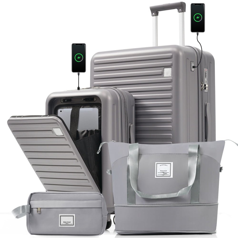 DECMAY 4-Piece Luggage Set with USB Charging Ports, Front-Opening Carry ...