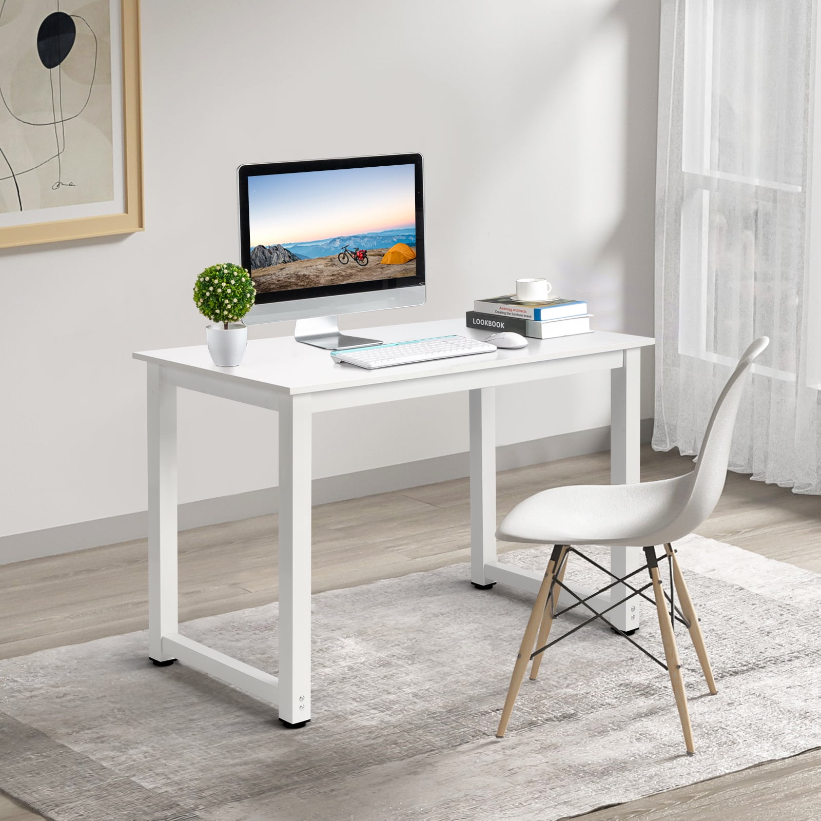 DECMAY white desktop + white pipe frame P2 particleboard with triamine ...