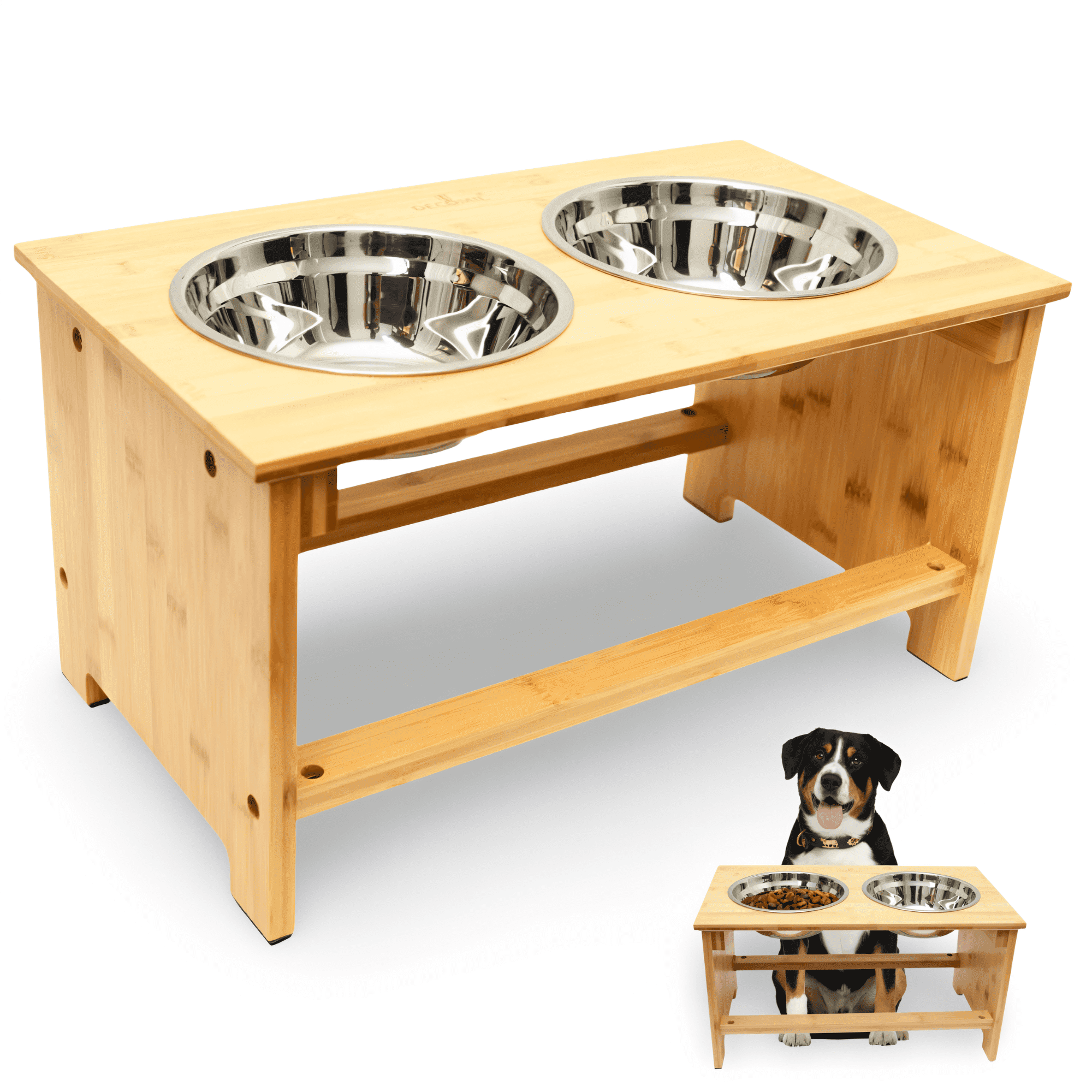 DECOMIL Elevated Dog Bowl Stand with 2 Stainless Steel Bowls, Bamboo ...