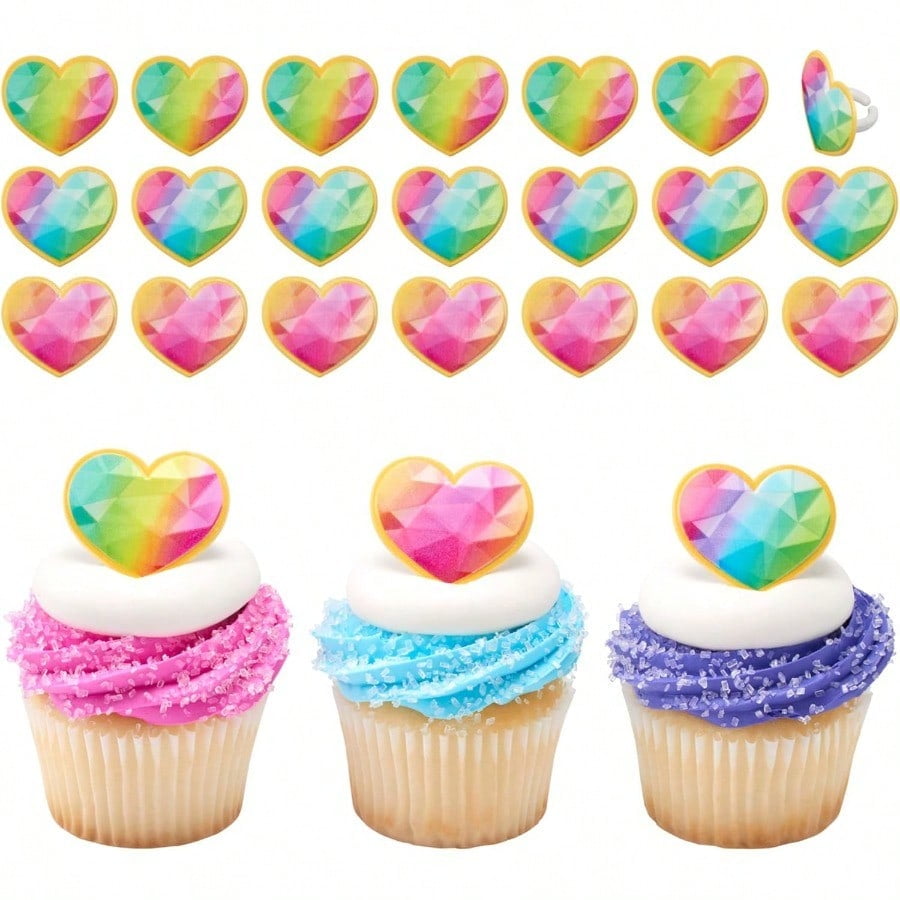 DECOPAC Rainbow Prism Heart Cupcake Rings Cake Toppers Multicolored ...
