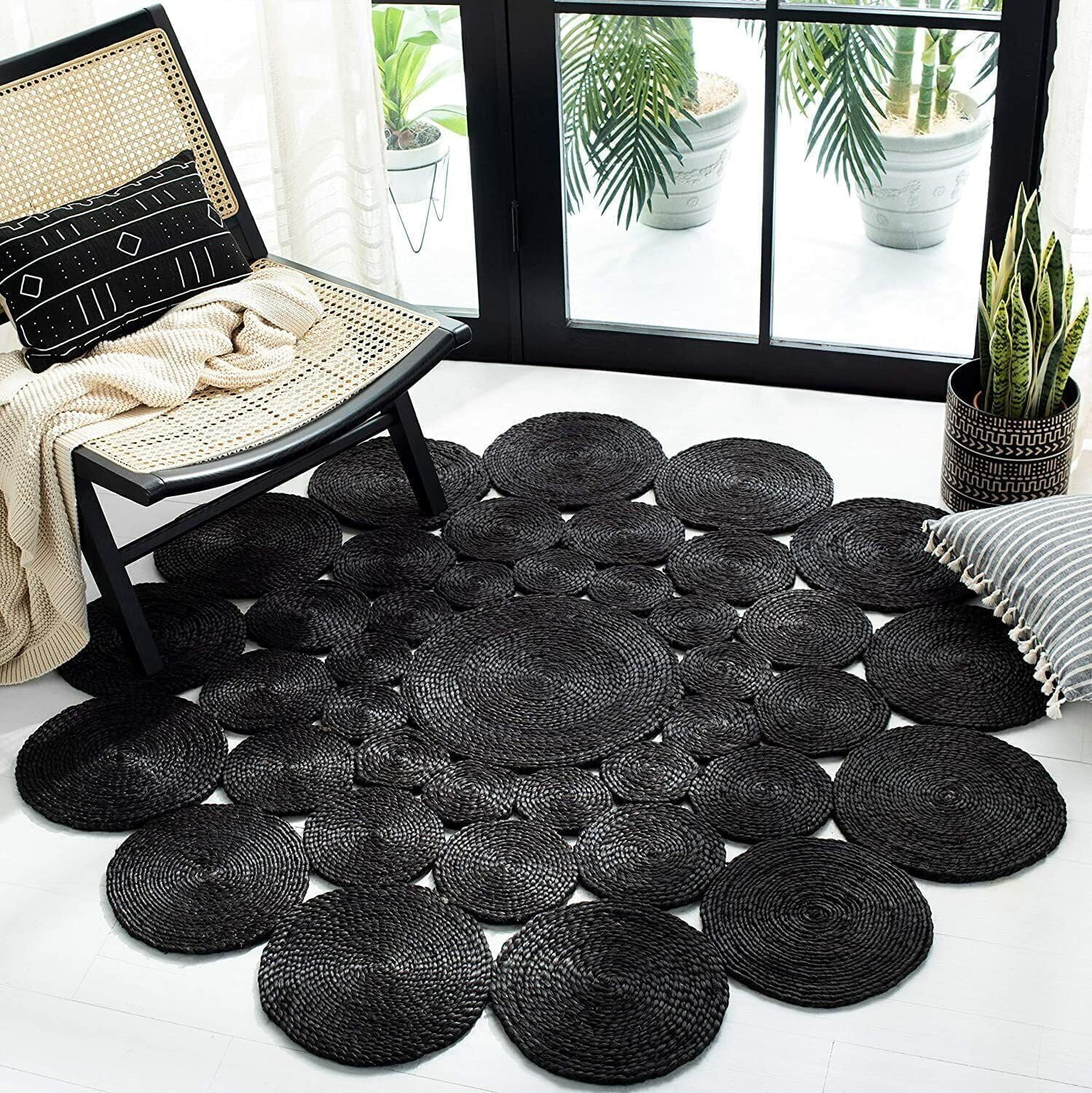 DECORAM WORLD Handmade Braided Black Tikki Design Round Area Rug 4 x 4 ...