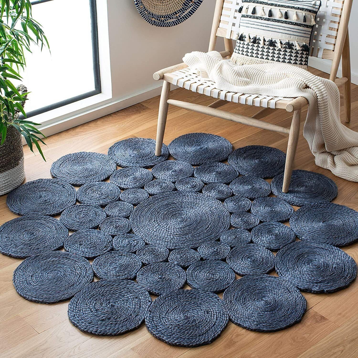 DECORAM WORLD Handmade Braided Navy Blue Tikki Design Round Area Rug 9 ...