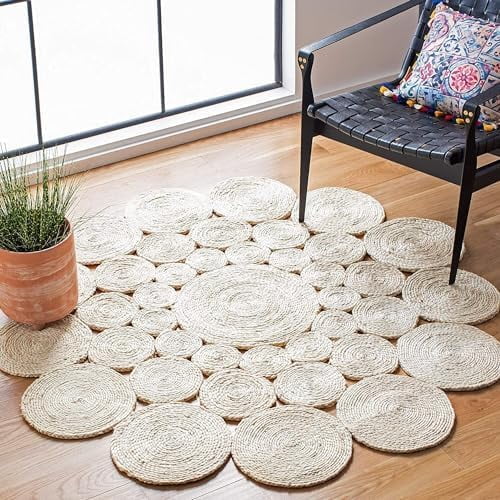 DECORAM WORLD Handmade Braided White Tikki Design Round Area Rug 3 x 3 ...