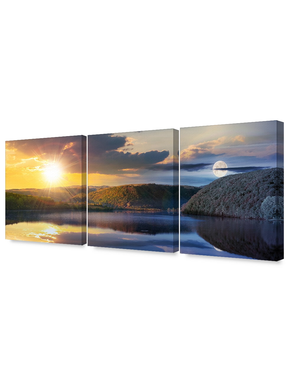 DECORARTS - Sun and Moon over Lake(Triptych). Lake Landscape, Giclee Print Canvas Wall Art for ...
