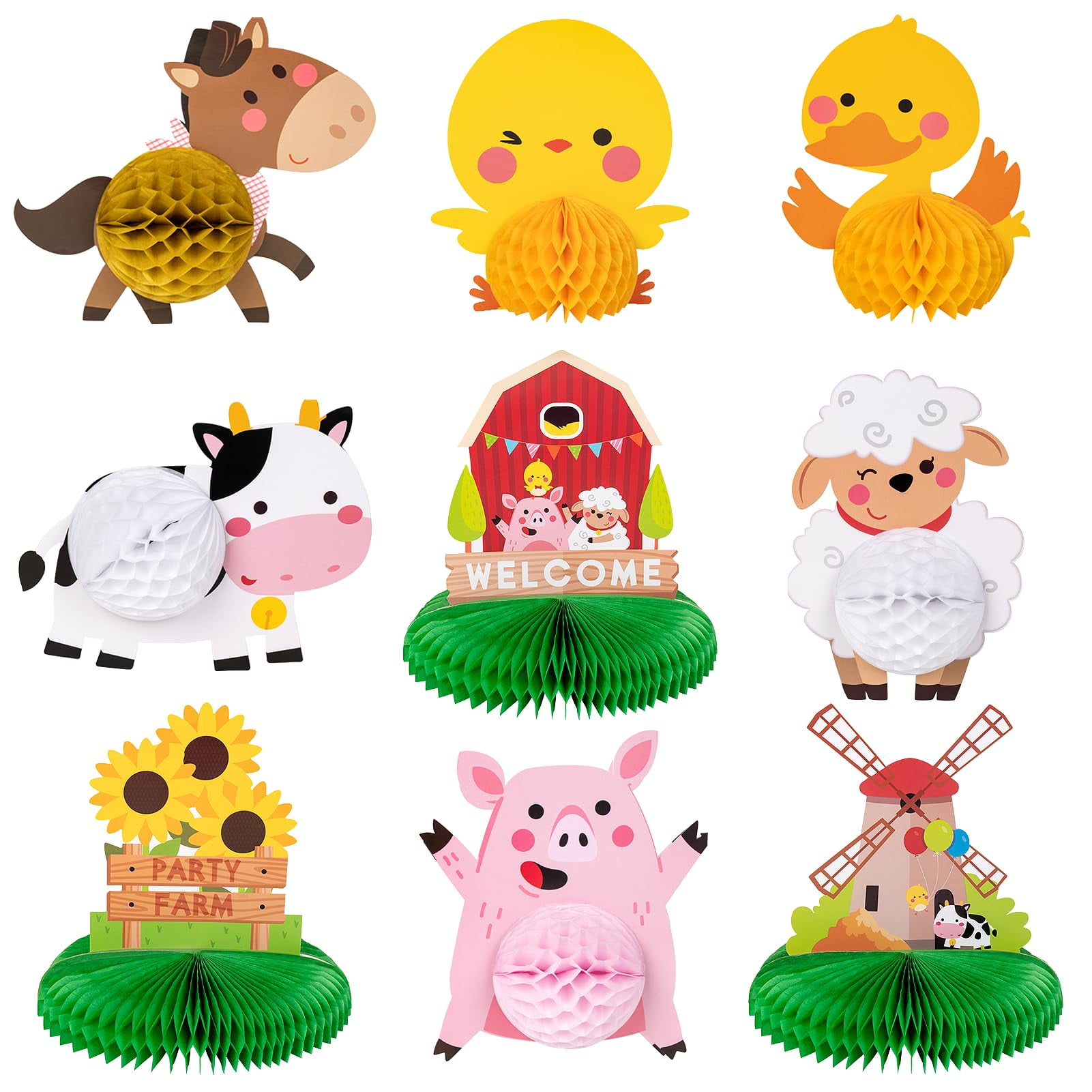 DECORLIFE 9PCS Farm Animal Honeycomb Centerpieces, Cute Farm Themed 3D ...