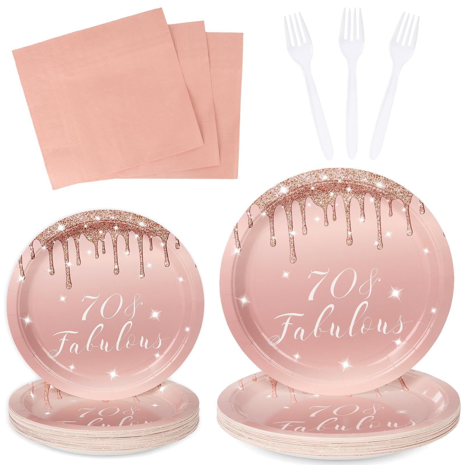 DECORLIFE Rose Gold 70th DC20 Birthday Plates and Napkins Serves 24 ...