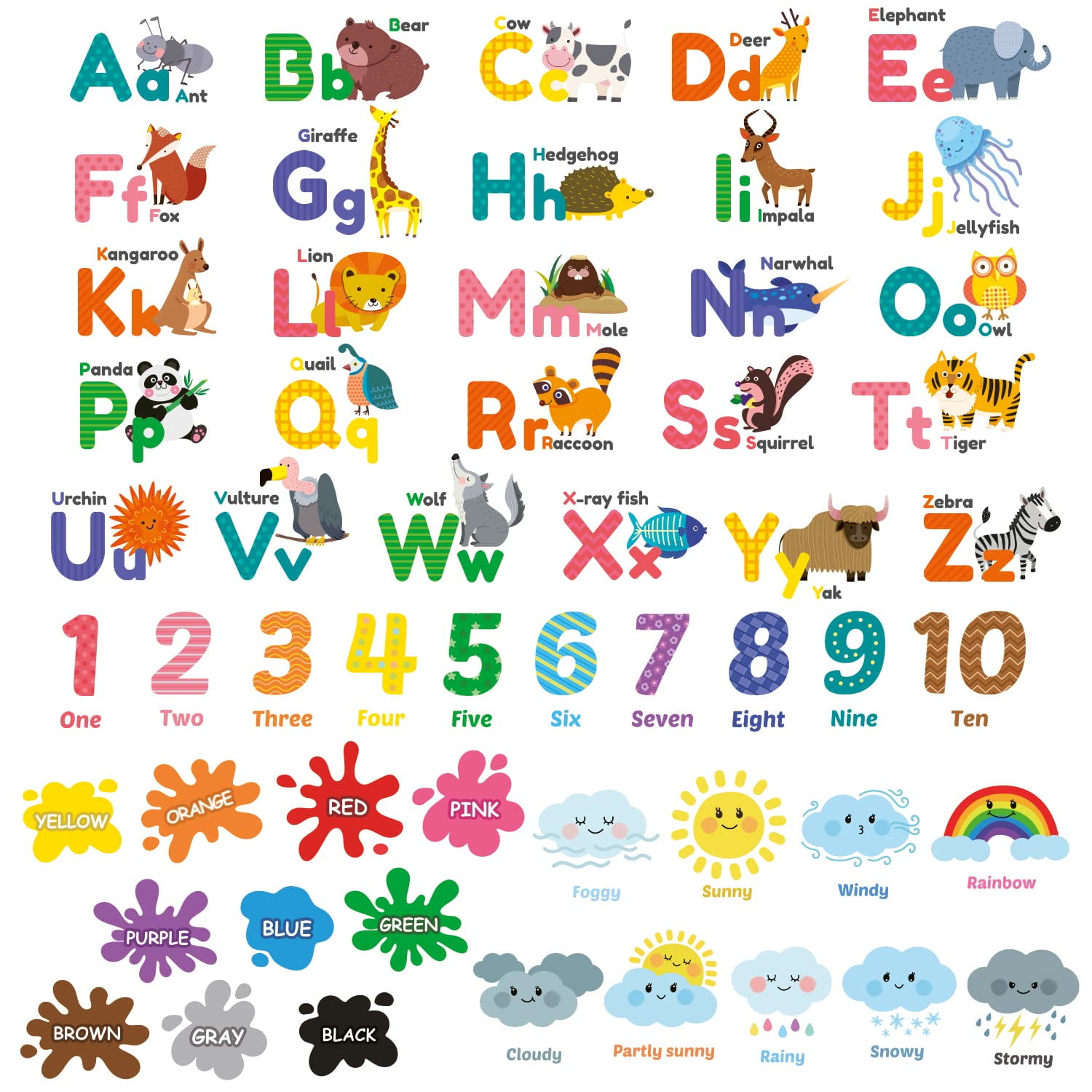 DECOWALL DS9-8070 Animal Alphabet Numbers Colour Weather Kids Stickers ...
