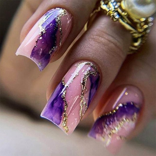 DEEHE Artificial Press On Nails Purple bloom Reusable Fake Nails Set ...