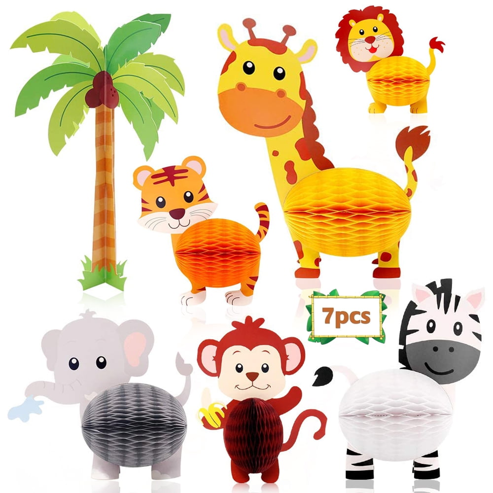 DEELLEEO 7Pcs Floral Safari Party Supplies Pink Jungle Safari Animals ...