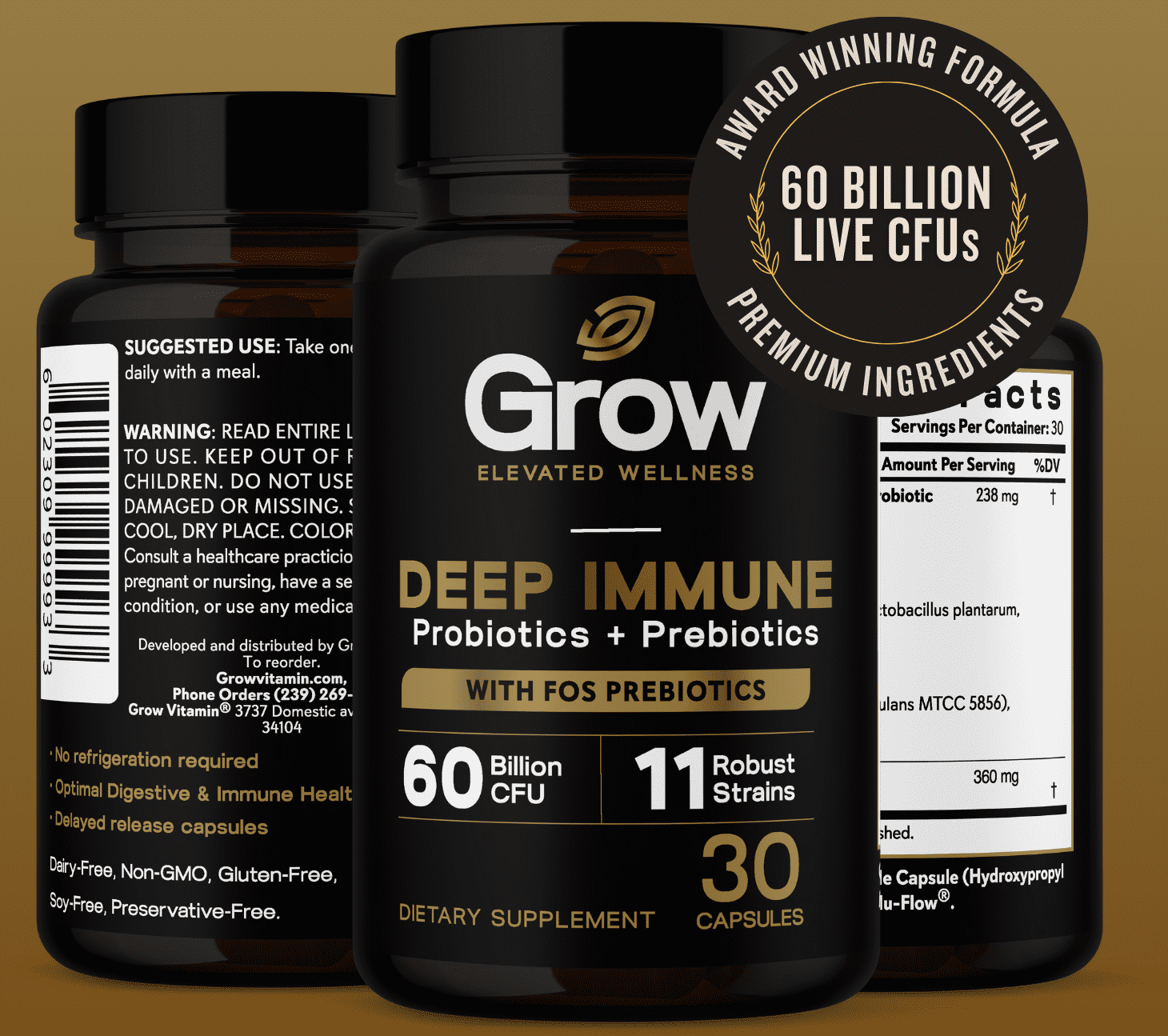 Grow Deep Immune Probiotic Supplement with FOS, 60 Billion CFU, 30 ...