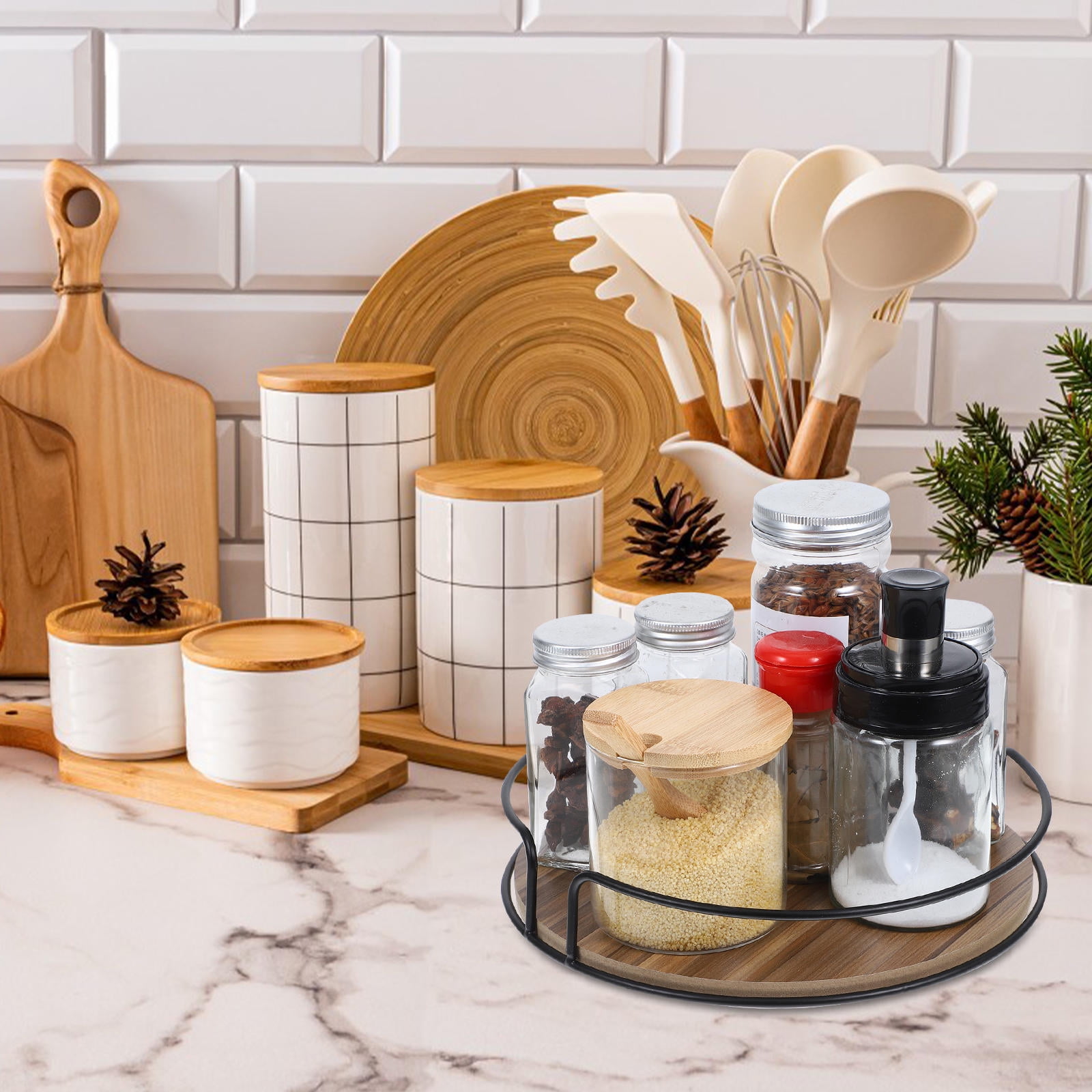 DEEPCRAFF 1Pcs Rotating Seasoning Plate For Kitchen With Wood And Metal ...