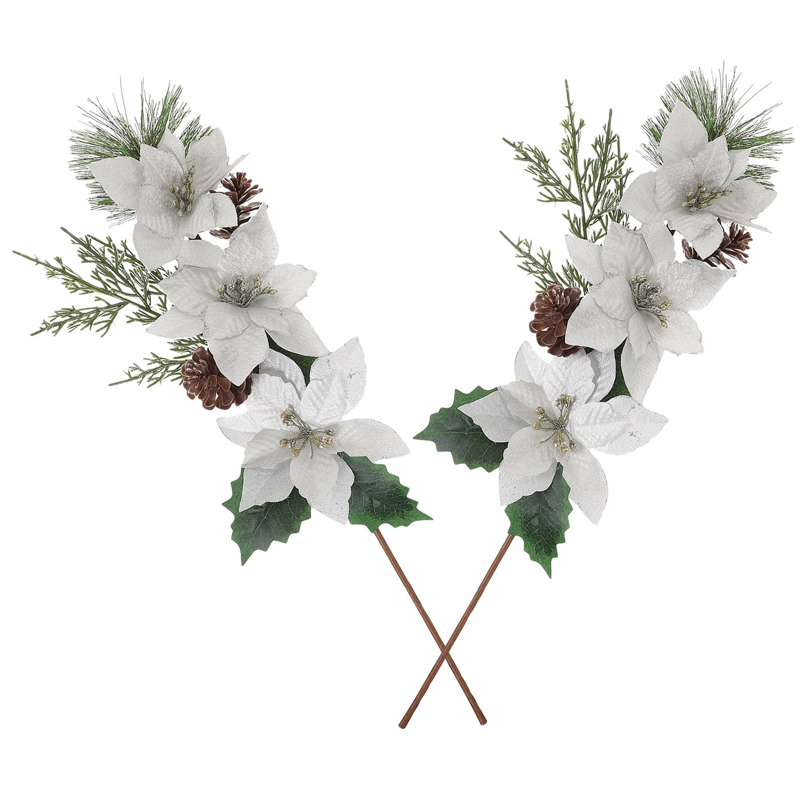 DEEPCRAFF 2pcs Wreath Picks Poinsettia Flower Stems Silver Christmas ...