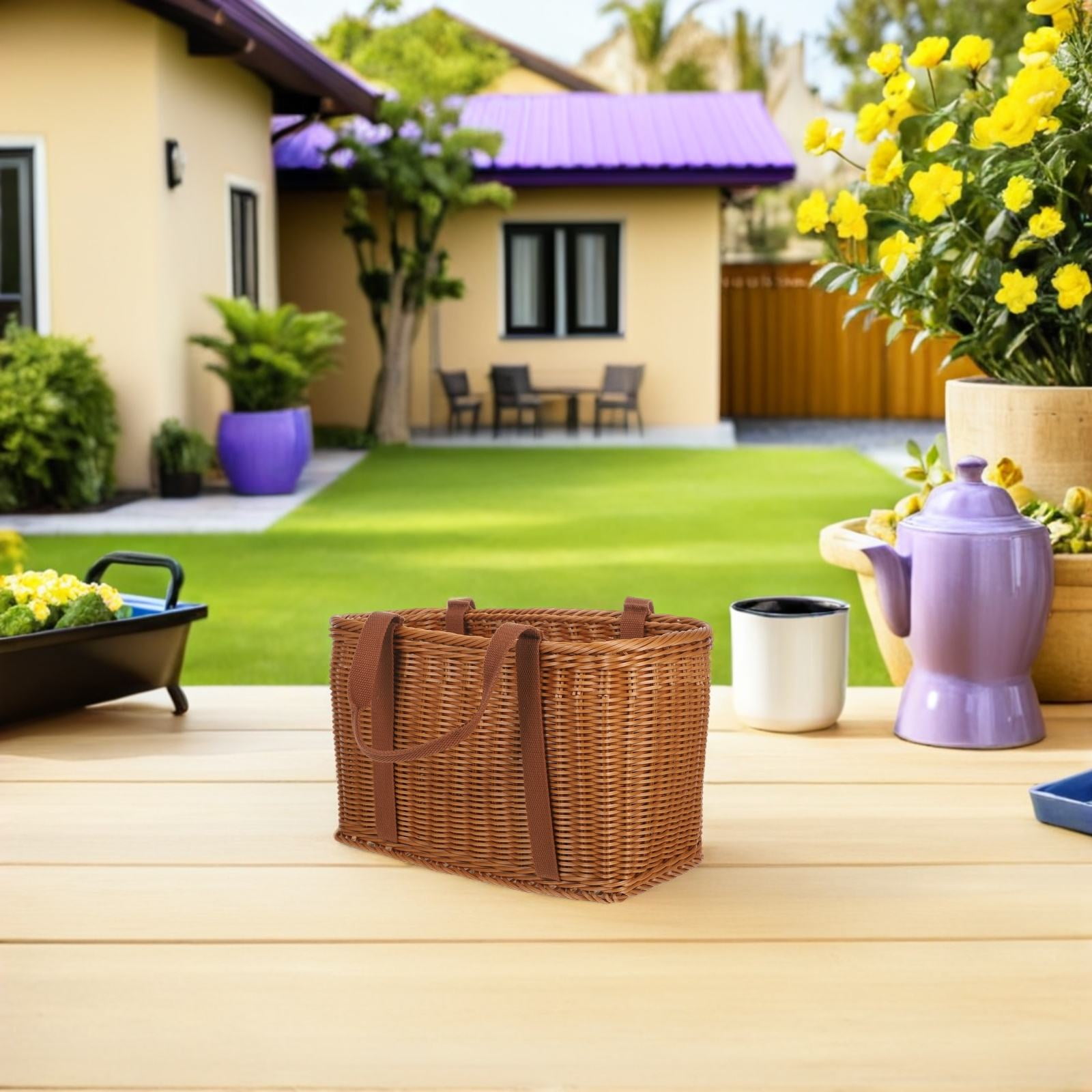 DEEPCRAFF Handwoven Brown Rectangle Woven Basket with Handle for Market ...