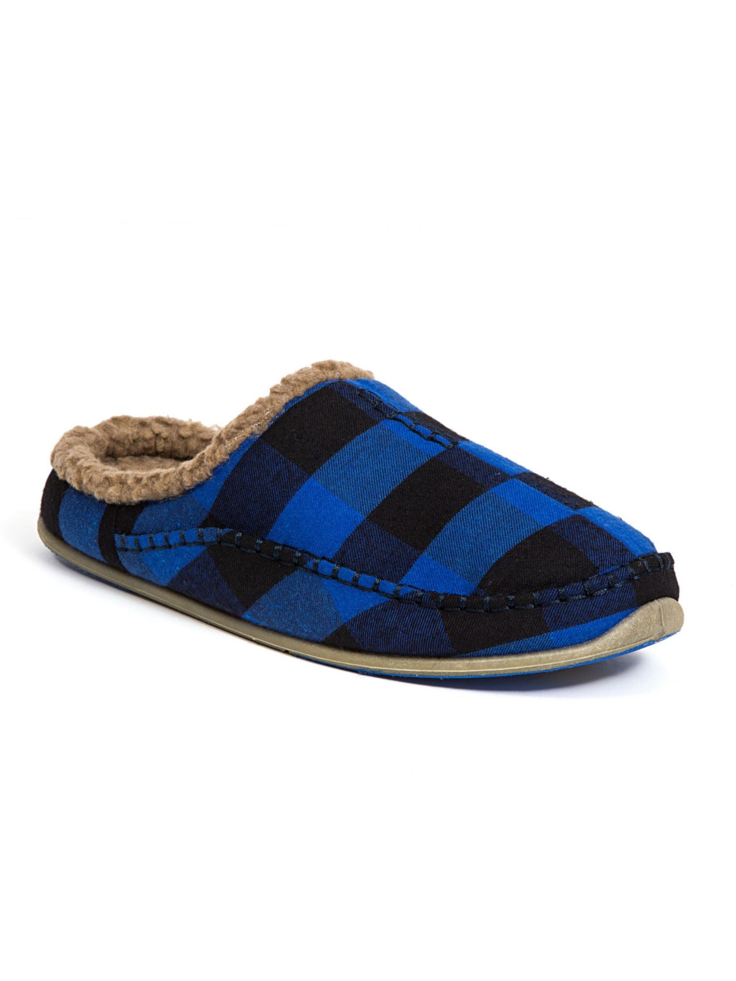 DEER STAGS Mens Blue Plaid Shock Absorption Comfort Slipperooz Round ...