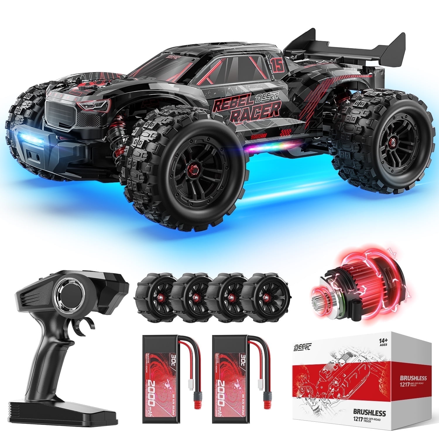 DEERC 1:14 Fast Brushless RC Car for Adults, Max 46+ mph Off-Road Truck ...