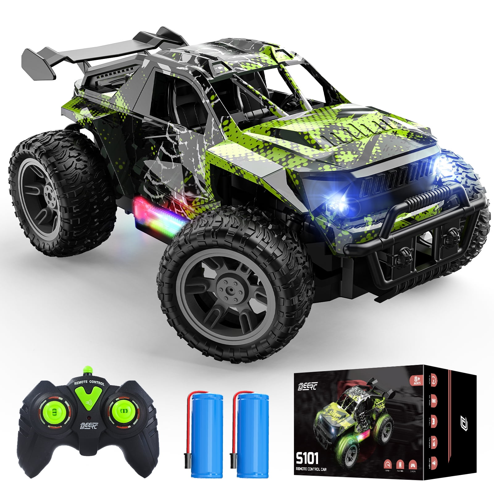DEERC Remote Control Car with LED Colorful Lights, 1:18 RC Truck for Boys, 2.4Ghz Monster Truck ...