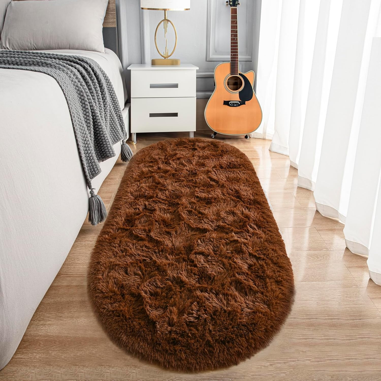 DEFNES Ultra Soft Fluffy Bedroom Rugs,2' X 5.3' Oval Coffee Fluffy Rugs ...