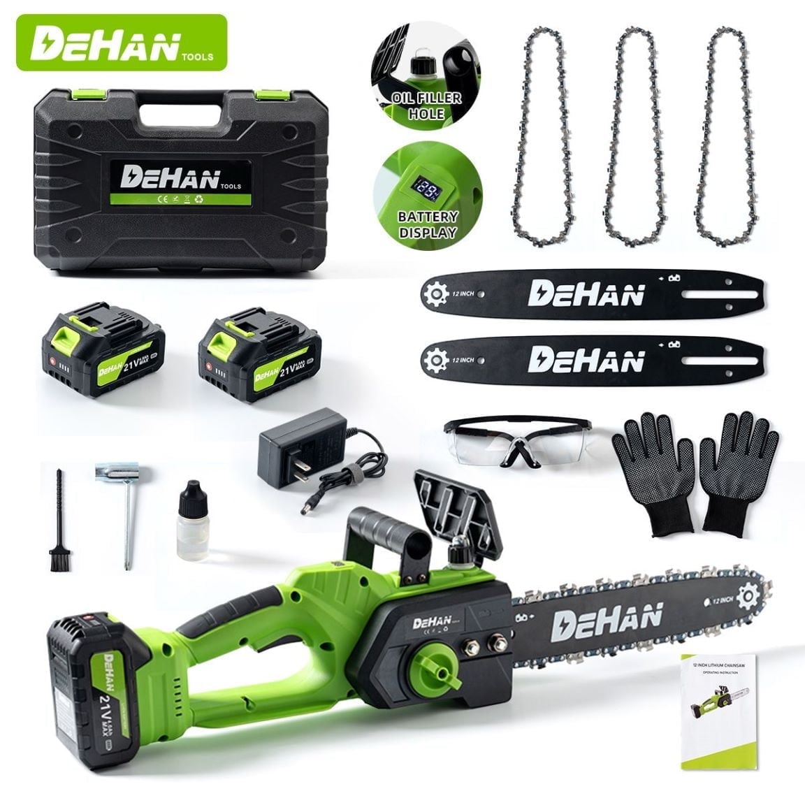 DEHANTOOLS 12 inch Cordless Chainsaw Brushless Chain saw 1000W Motor ...