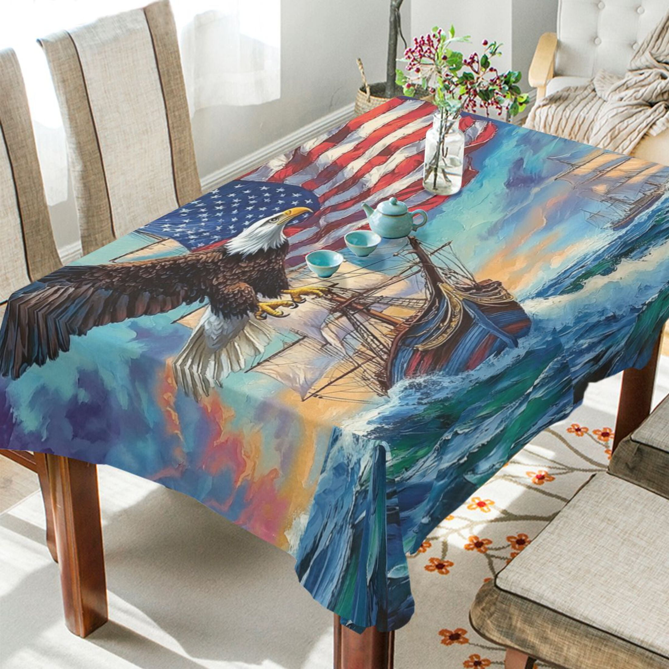 DEIARA Bald Eagle Sailboat Square Tablecloth 54×54in Polyester Fabric ...